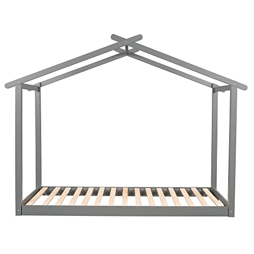 KoiHome Twin Size/King Size Low House Platform Bed with Trundle, Solid Wood Floor Bed Frame with Support Slat for Kids,Teens Bedroom, Roof Design, Creative & Funny, No Box Spring Need, Gray