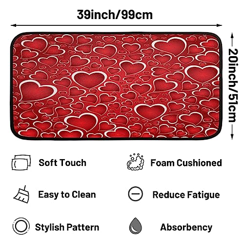 KOBLEN Valentines Day Red Hearts Kitchen Rugs Non Slip Washable Absorbent Kitchen Mats 20x39 inch Cushioned Anti Fatigue Kitchen Floor Mats for in Front of Sink