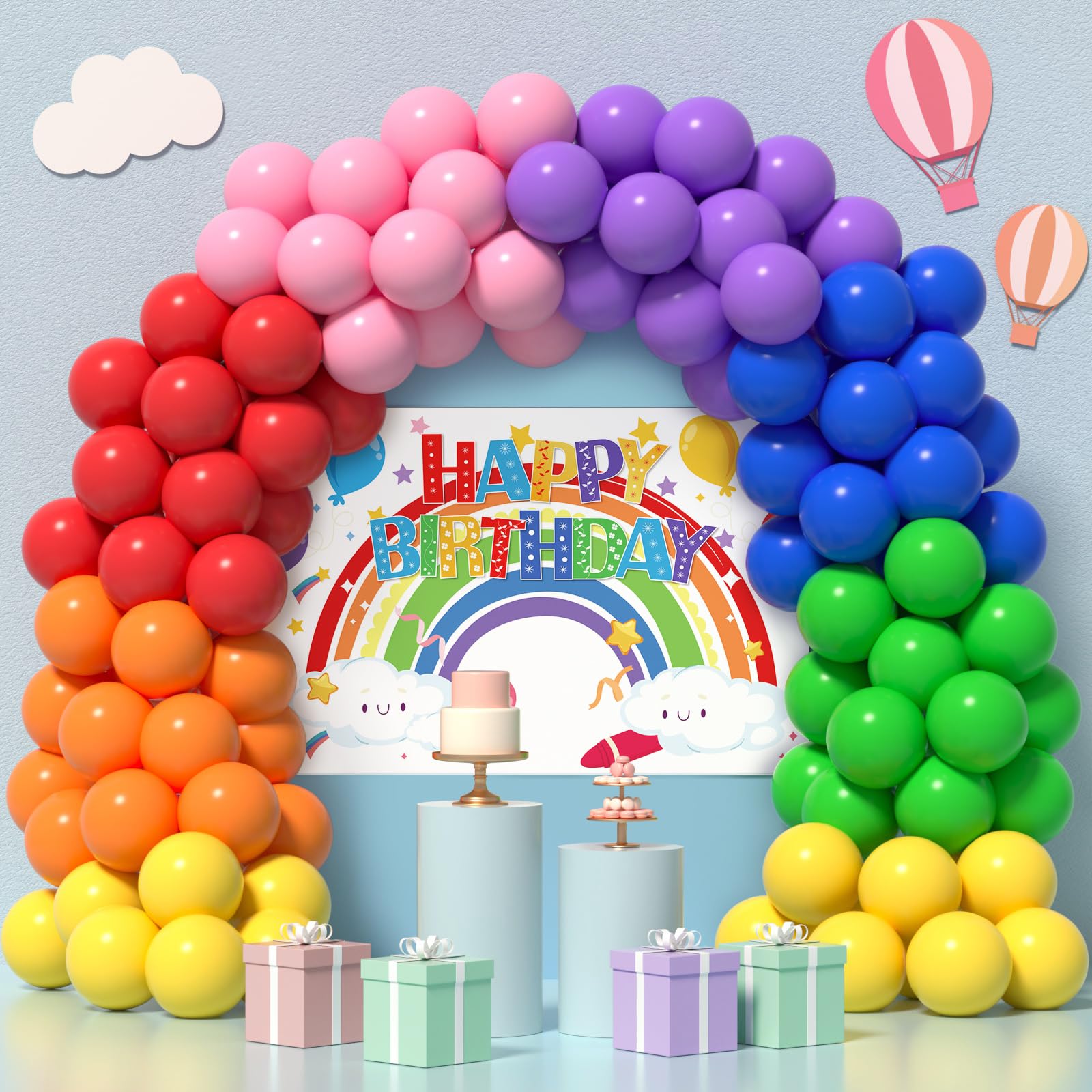 Rainbow Balloons Arch Kit: With Happy Birthday Backdrop 59*40 Inch Assorted Colorful Balloon Garland For Rainbow Birthday Party Decoration