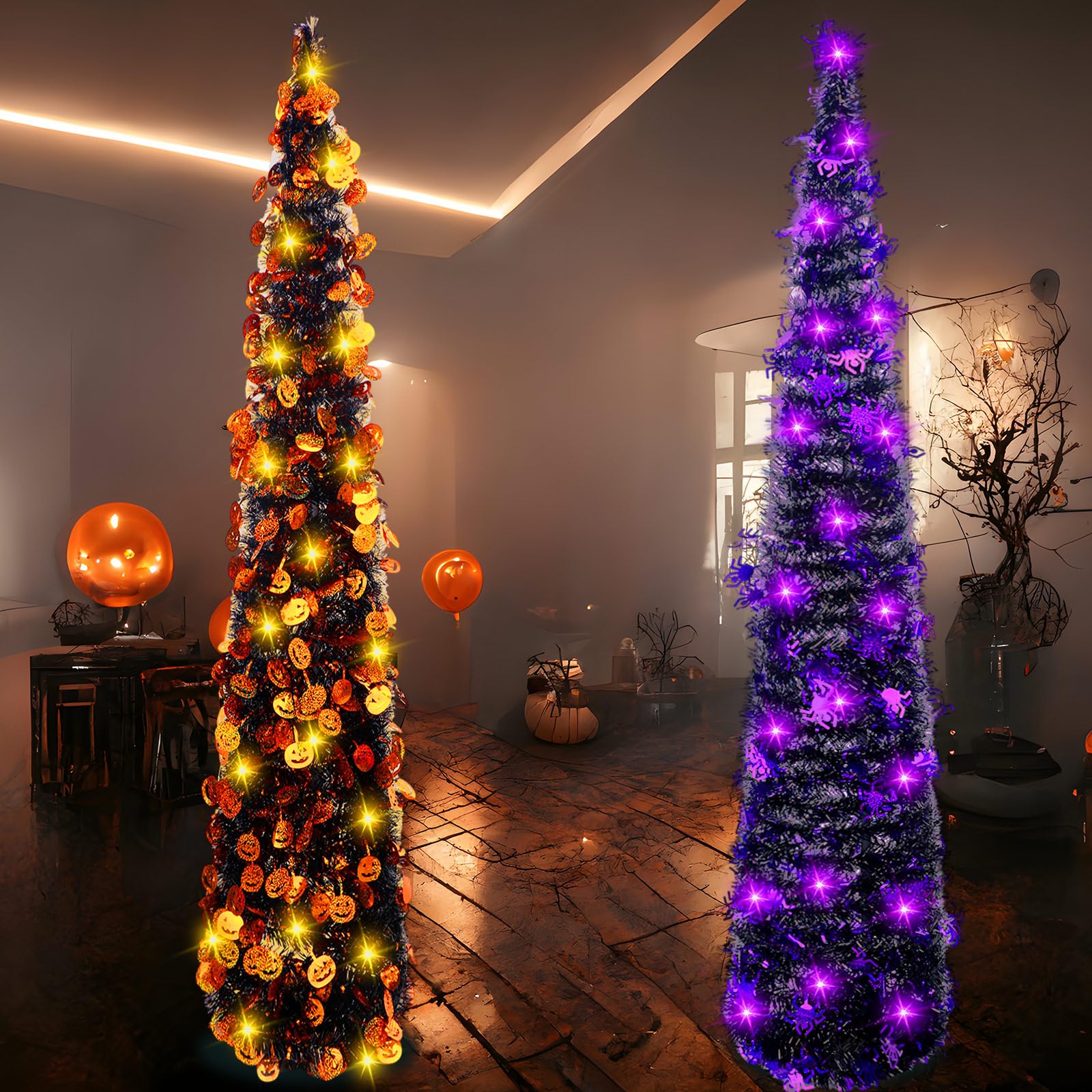 2 Pcs 5 ft Led Halloween Trees Black Tinsel Christmas Trees Pop up Artificial Pencil Trees with String Lights Collapsible Halloween Trees for Party Fireplace Home Decorations, Classic Colors