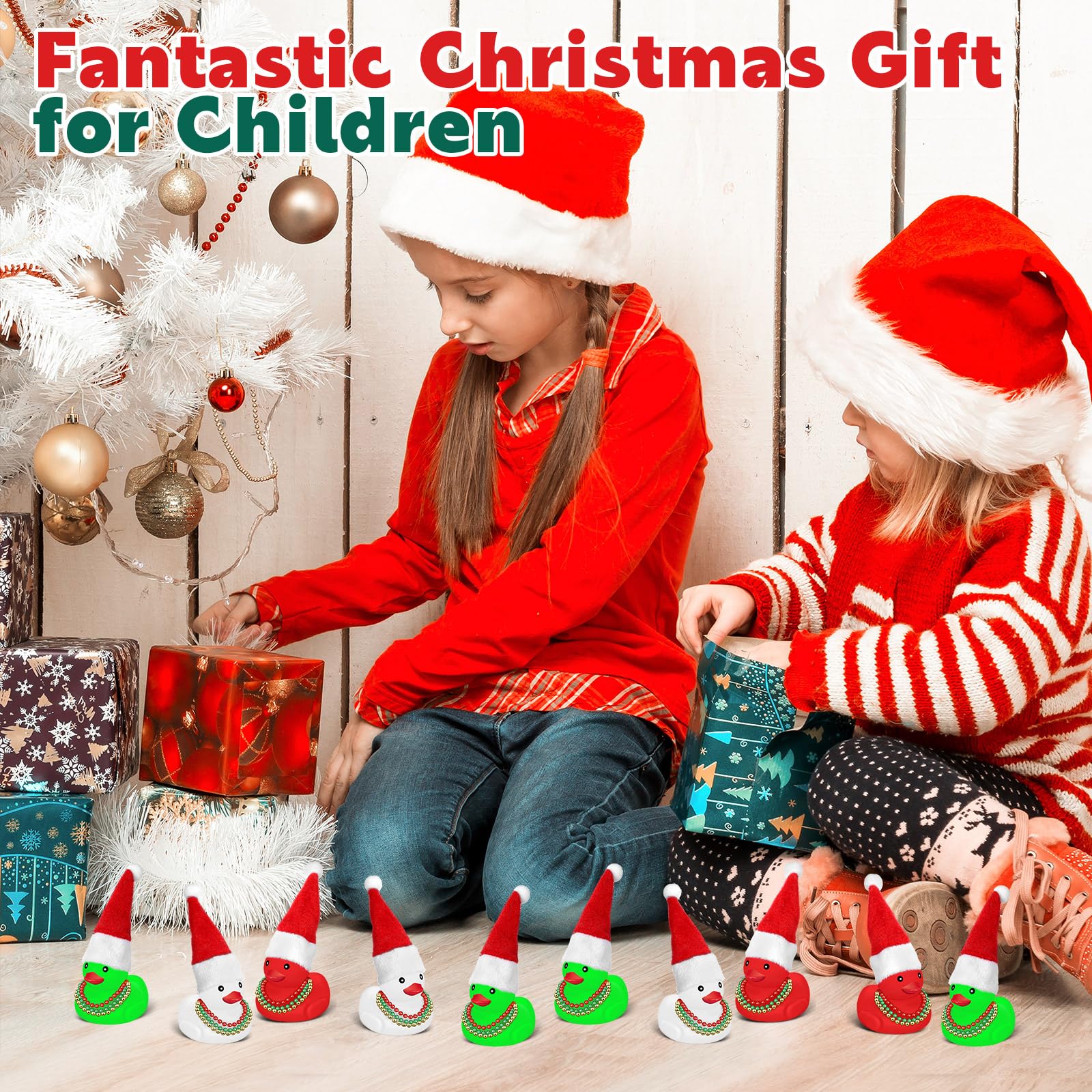 Sanwuta Christmas Rubber Ducks with Hats Bulk 2'' Xmas Duckies with Mini Santa Hat and Metal Chain Small Rubber Duck Bathtub Toys for Christmas Party Gift Kids Goodie Bag Filler(48 Set)