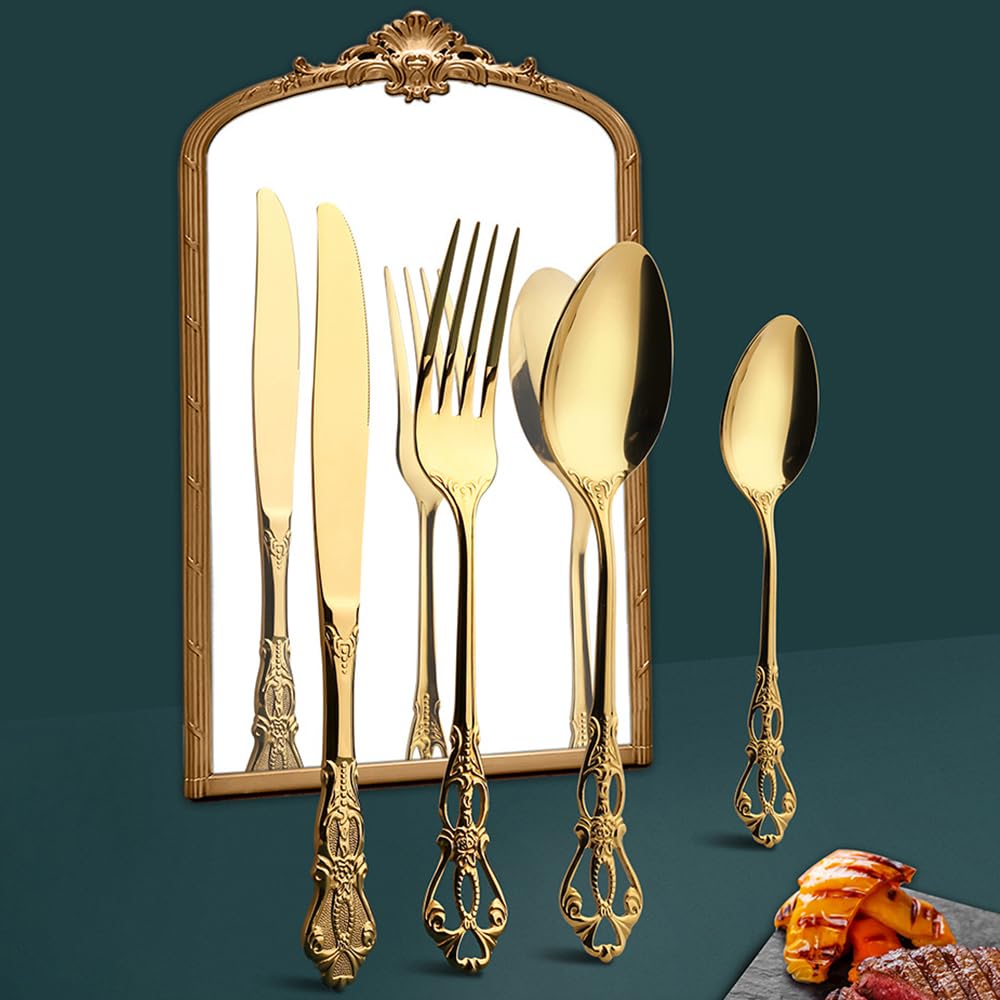 Gold Flatware Set for 12, 48 Piece Royal Court Silverware Set, Vintage Embossed Cutlery Utensil Set Include Knife Fork Spoon, Mirror Polished, Dishwasher Safe