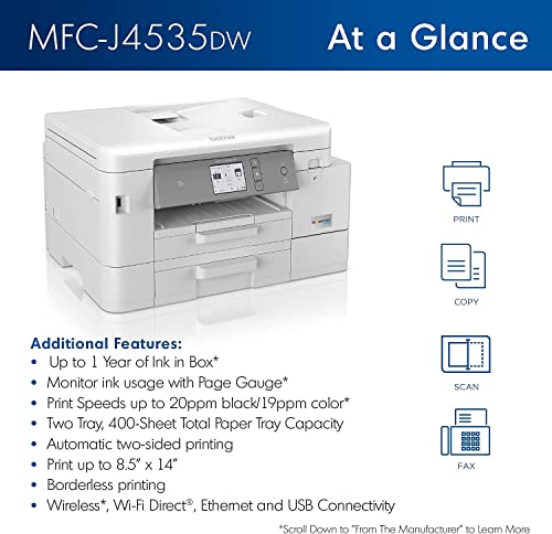 Brother MFC-J4535DW INKvestment Tank All-in-One Color Inkjet Printer with NFC, Auto 2-Sided Printing, Print Scan Copy Fax, Built-in wireless, 4800 x 1200 dpi, White - Bundle with Cefesfy Printer Cable