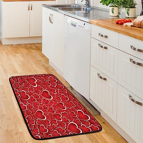 KOBLEN Valentines Day Red Hearts Kitchen Rugs Non Slip Washable Absorbent Kitchen Mats 20x39 inch Cushioned Anti Fatigue Kitchen Floor Mats for in Front of Sink