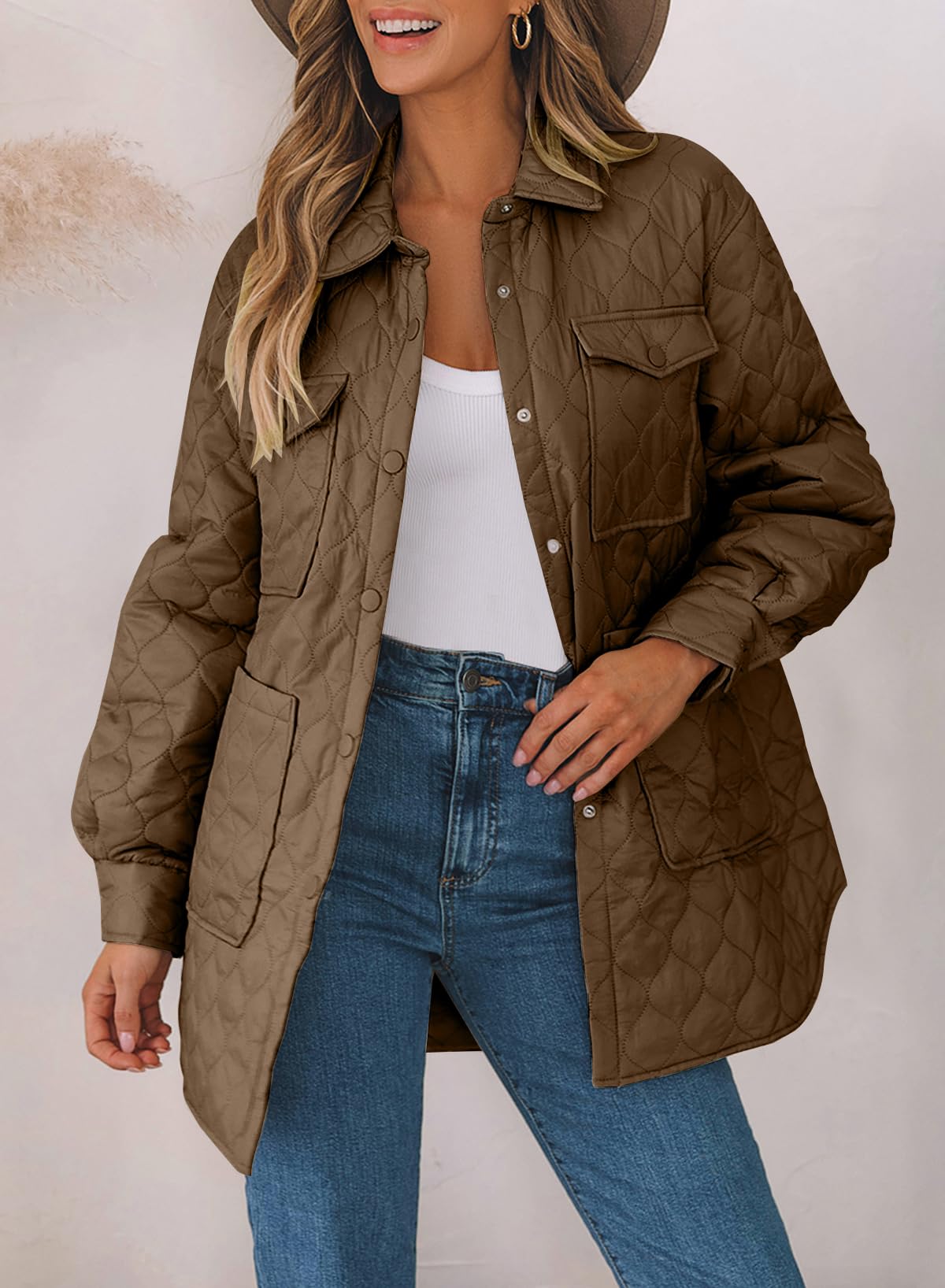 EVALESS Diamond Quilted Jackets for Women Lightweight Collar Long Sleeve Button Down Puffer Jacket Fall 2024 Coat Outerwear with Pockets Brown Medium