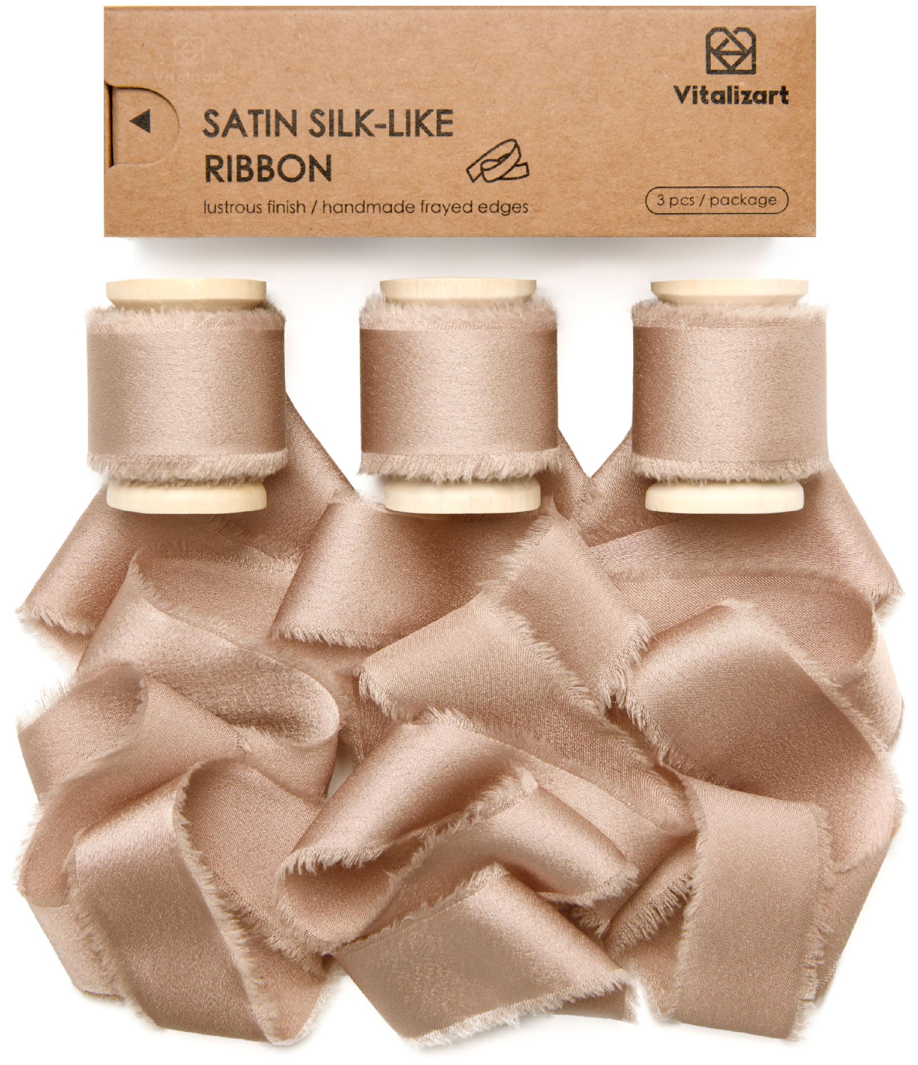 Vitalizart Silk Satin Ribbon 1 Inch x 15 Yard Wooden Spool Champagne Handmade Frayed Ribbon for Gift Wrapping Baby Shower Wedding Bridal Bouquets Holiday Decor 3 Rolls x 5 Yard