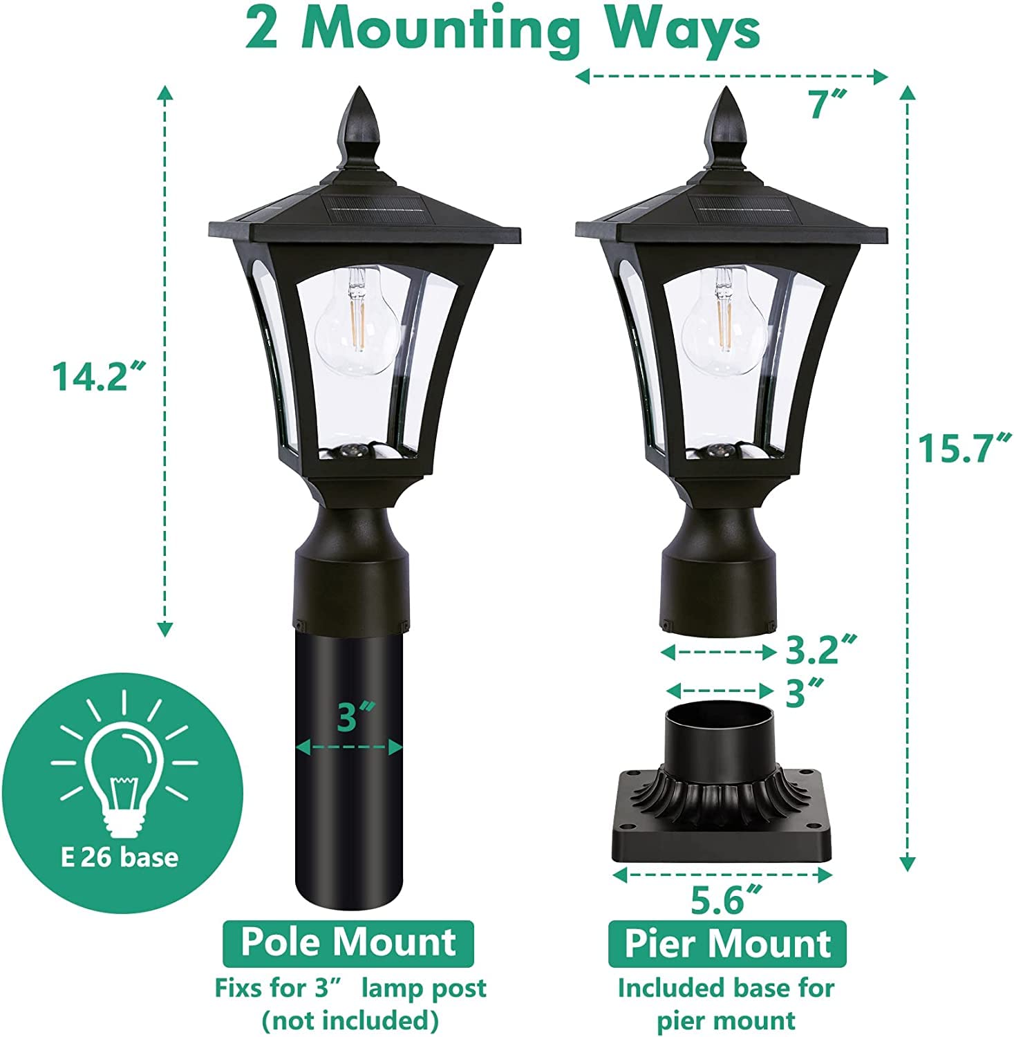PASAMIC Solar Powered Black Pathway Light Fixture, 3000K Warm White, Weather Resistant, Energy Saving, IP44 Waterproof, 60 Lumens, 3" Standard Lamp Post or 5.6" Piers Included