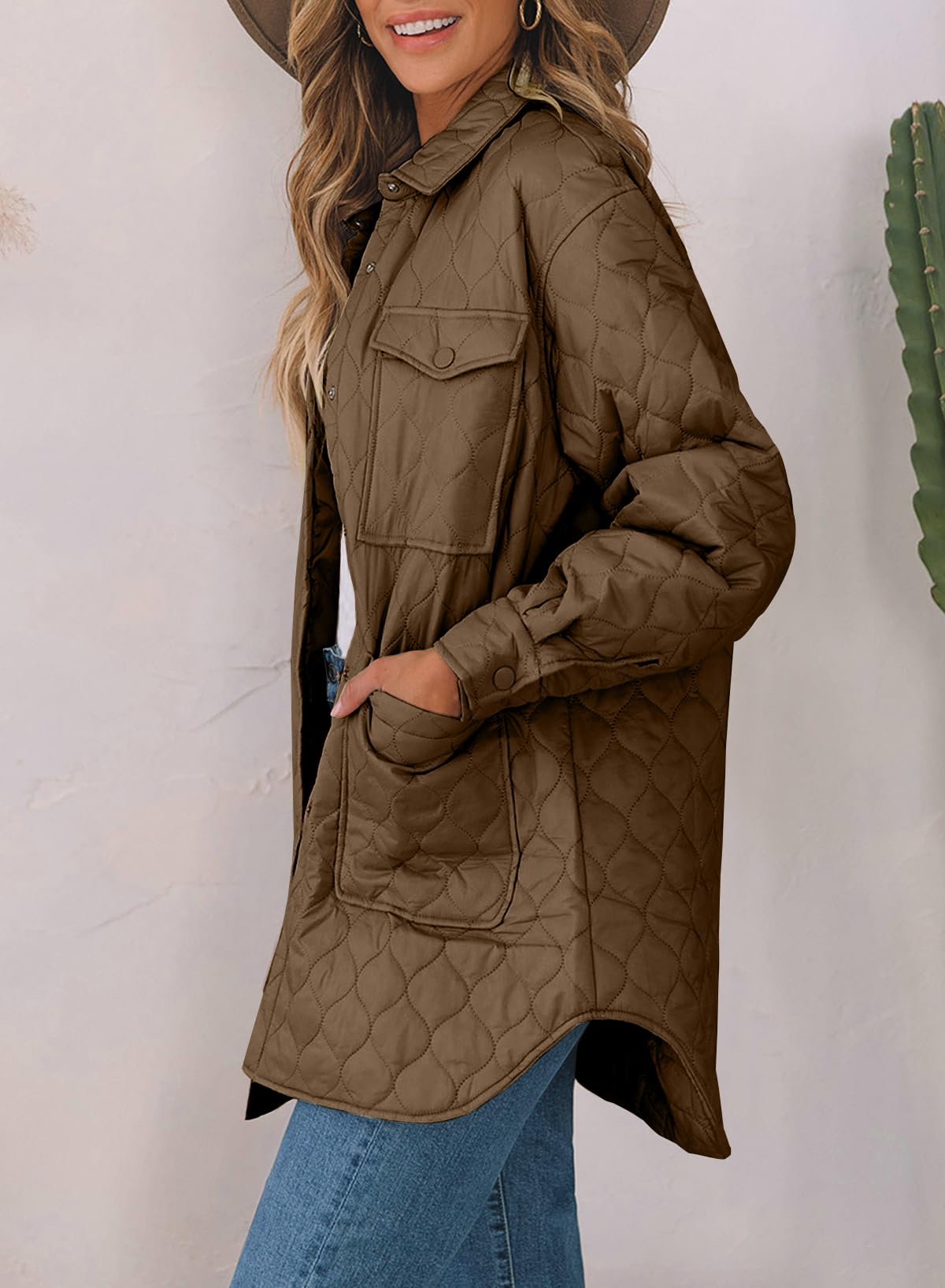 EVALESS Diamond Quilted Jackets for Women Lightweight Collar Long Sleeve Button Down Puffer Jacket Fall 2024 Coat Outerwear with Pockets Brown Medium