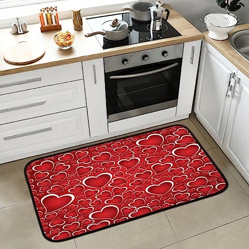 KOBLEN Valentines Day Red Hearts Kitchen Rugs Non Slip Washable Absorbent Kitchen Mats 20x39 inch Cushioned Anti Fatigue Kitchen Floor Mats for in Front of Sink