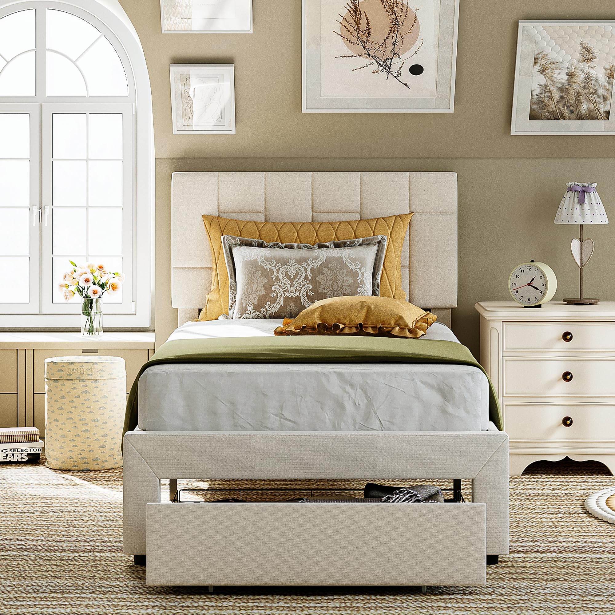 LIKIMIO Twin Bed Frame with Under-Bed Drawer, Platform Upholstered Bed with Headboard, No Box Spring Needed/Noise-Free, Beige