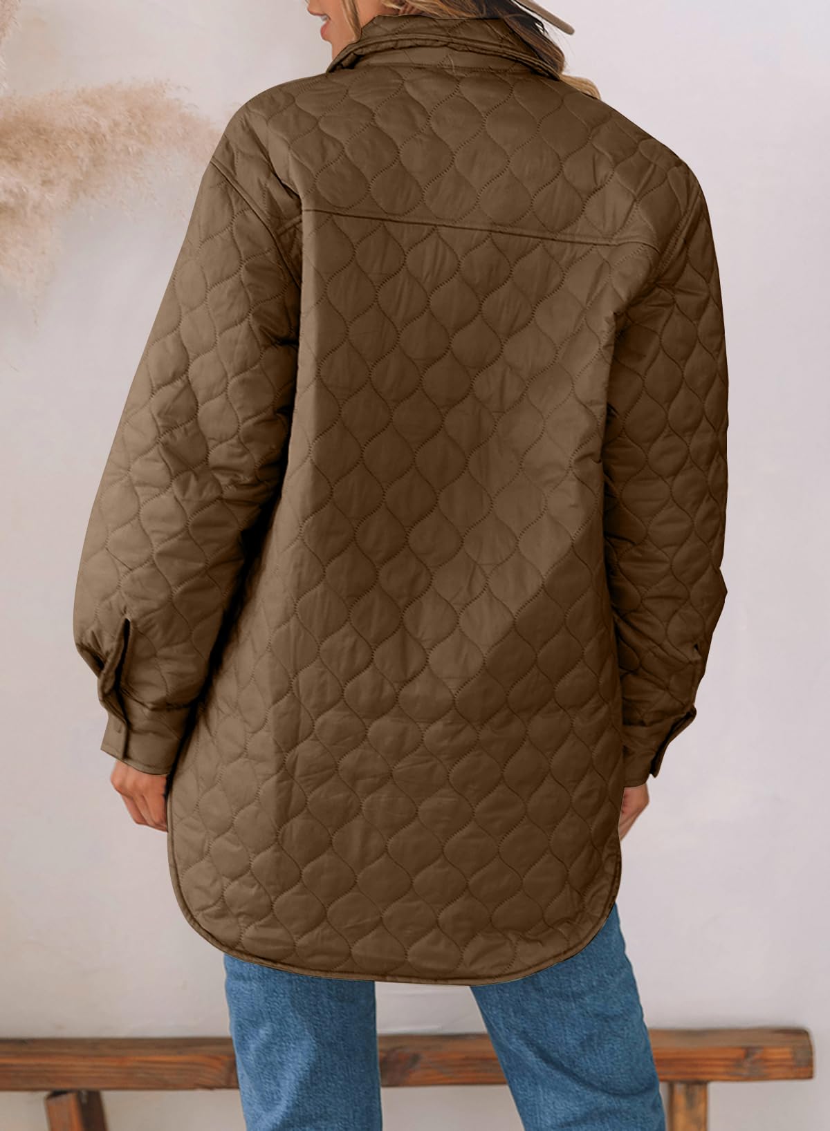 EVALESS Diamond Quilted Jackets for Women Lightweight Collar Long Sleeve Button Down Puffer Jacket Fall 2024 Coat Outerwear with Pockets Brown Medium