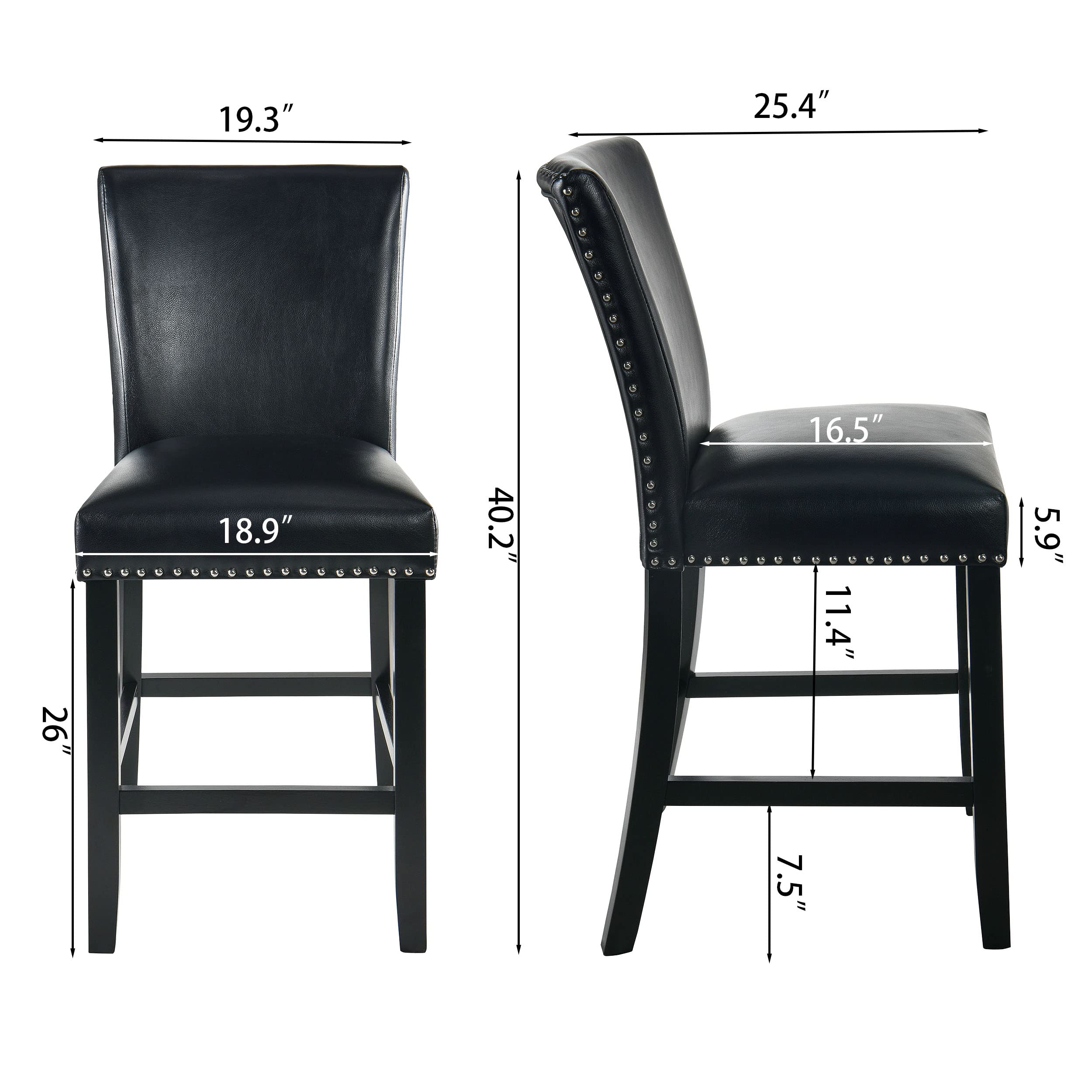 PADMA HOUSE Glass Counter Height Bar Table Stools Set of 4, 42" Round Glasstop Counter Height Table Chairs Set 26" H Barstools Chairs with Upholstered Back for Bar Kitchen Restaurant, Black