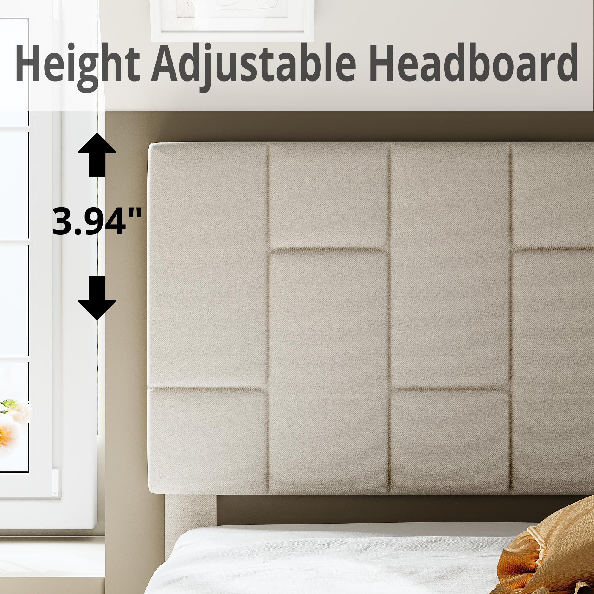 LIKIMIO Twin Bed Frame with Under-Bed Drawer, Platform Upholstered Bed with Headboard, No Box Spring Needed/Noise-Free, Beige