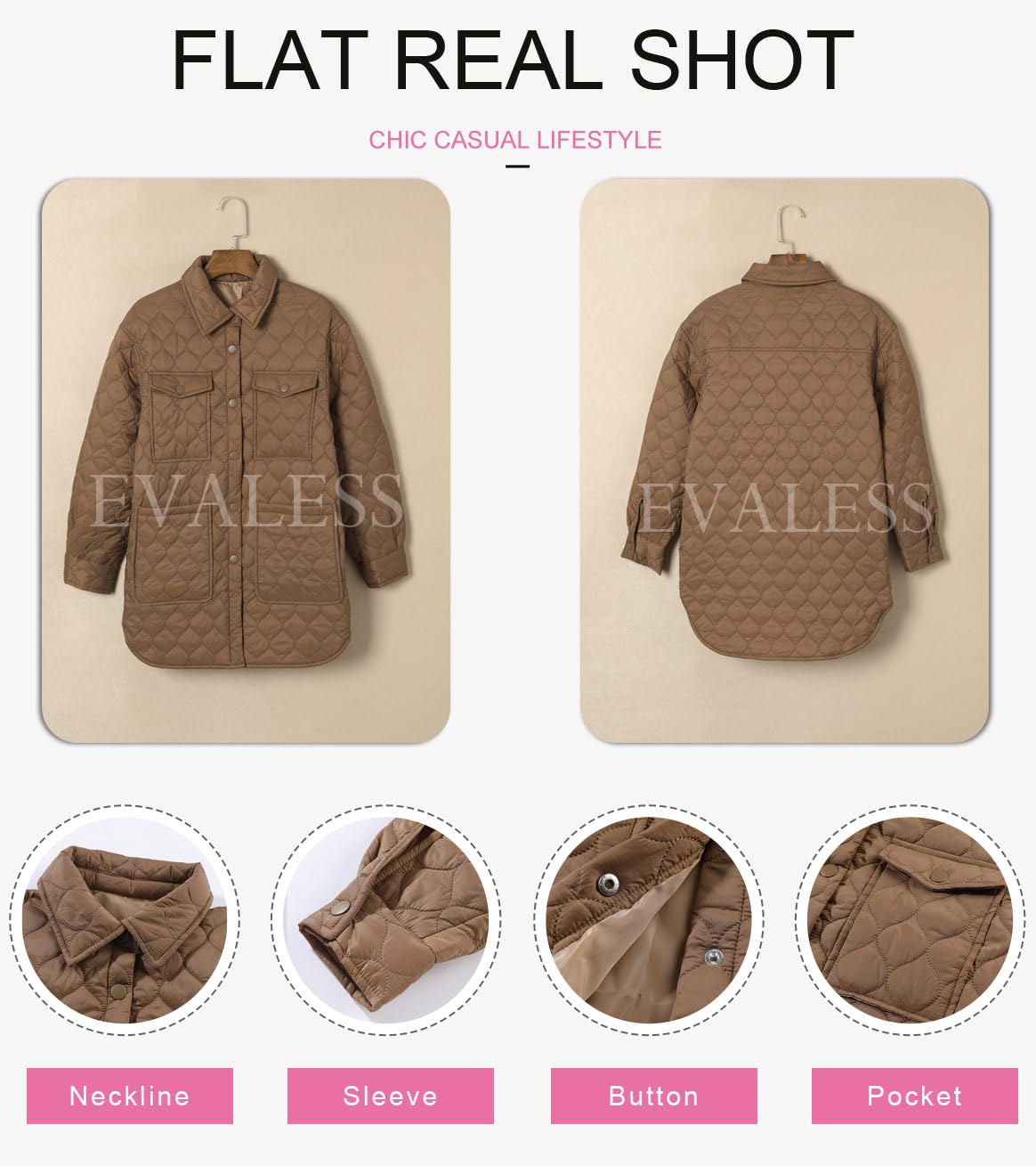 EVALESS Diamond Quilted Jackets for Women Lightweight Collar Long Sleeve Button Down Puffer Jacket Fall 2024 Coat Outerwear with Pockets Brown Medium
