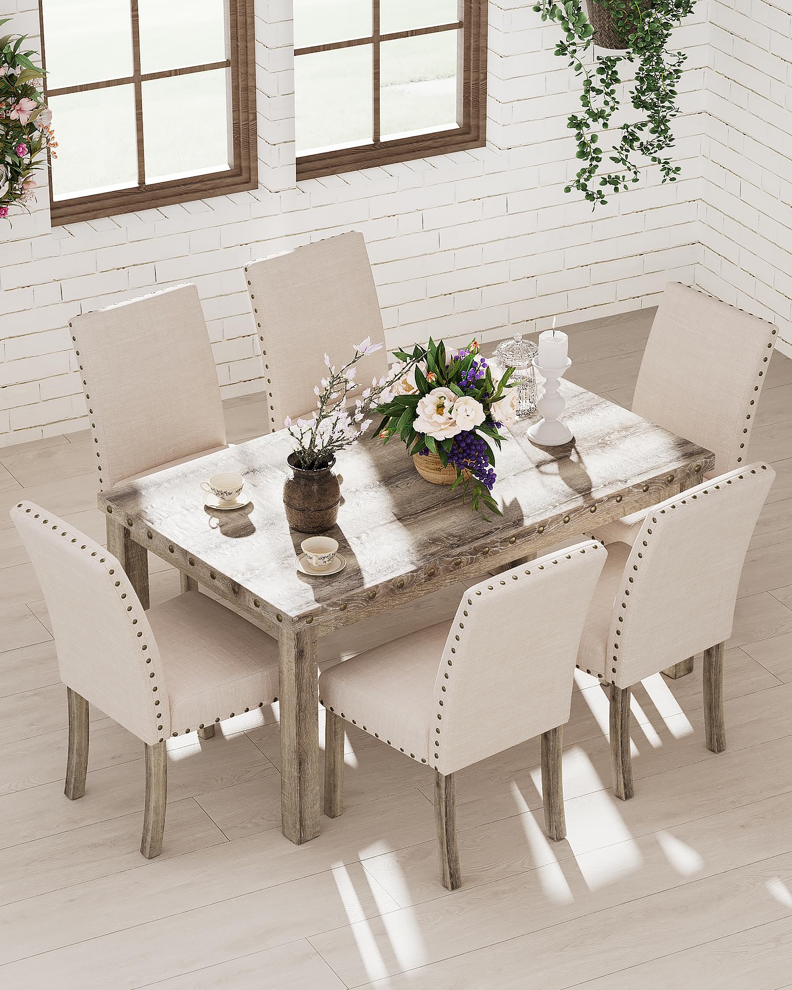 Morden Fort 7 Piece Rustic Wooden Dining Set, Mid-Century Modern Table & Chair Set for Spacious Dining Rooms and Entertaining Guests