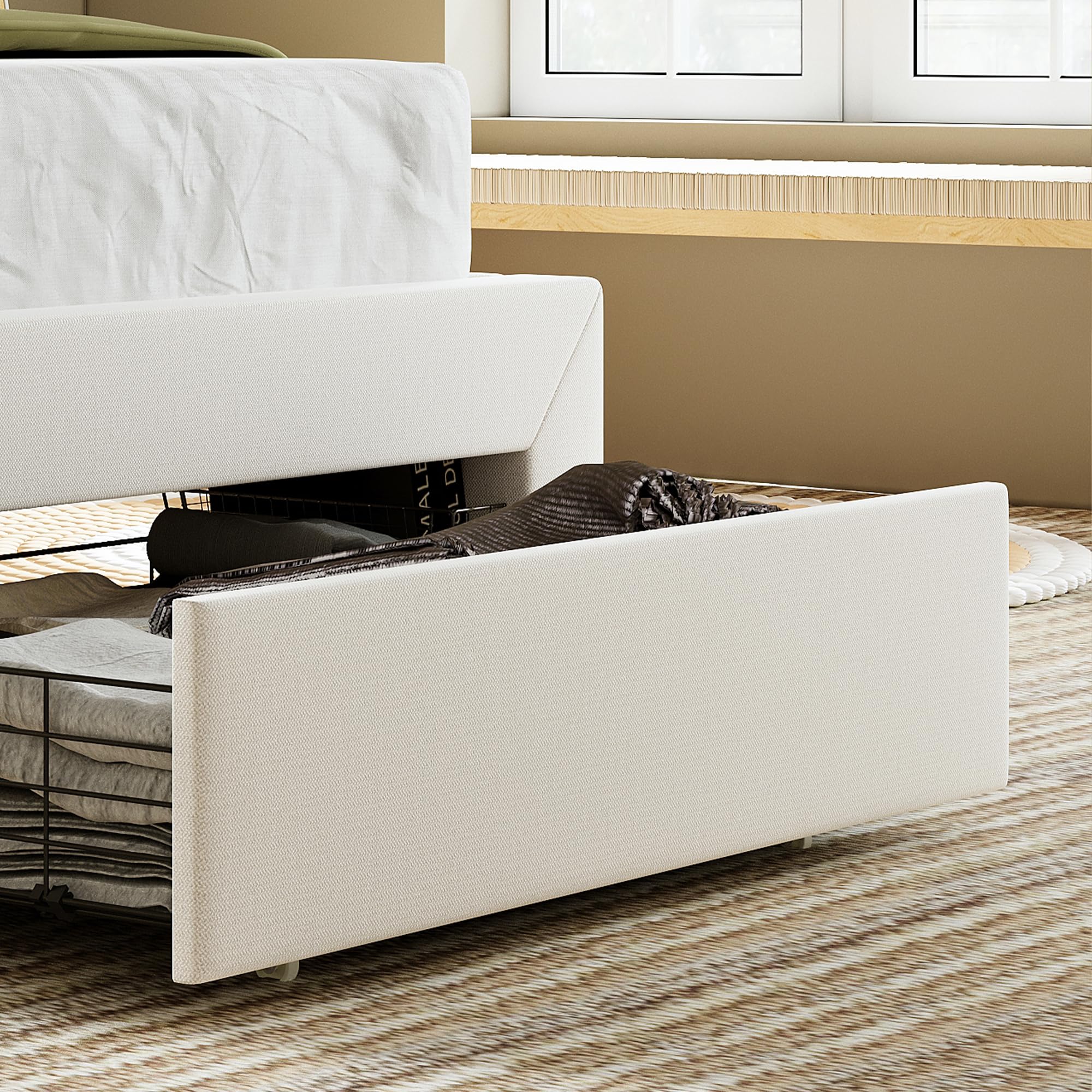 LIKIMIO Twin Bed Frame with Under-Bed Drawer, Platform Upholstered Bed with Headboard, No Box Spring Needed/Noise-Free, Beige