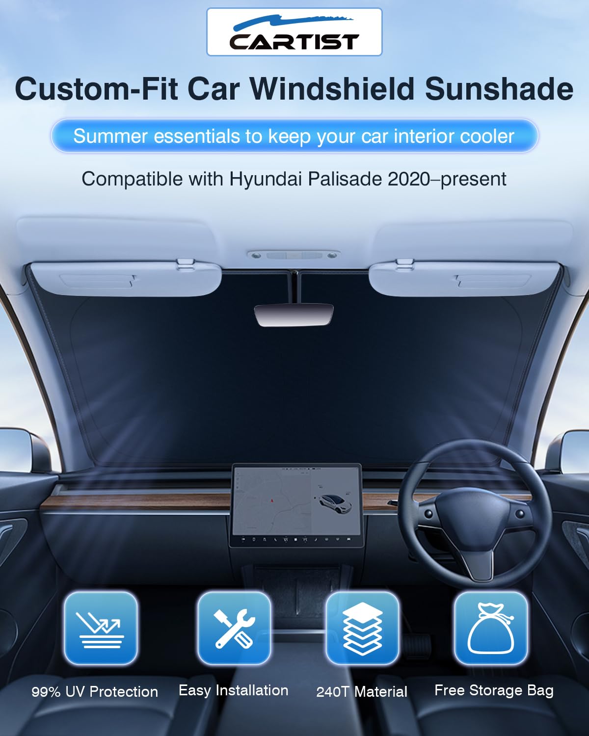 Cartist 5-Layer Windshield Sun Shade Custom Fit for Hyundai Palisade 2020-2024 2025 Accessories Foldable Car Front Window Sunshade Sun Visor Protector