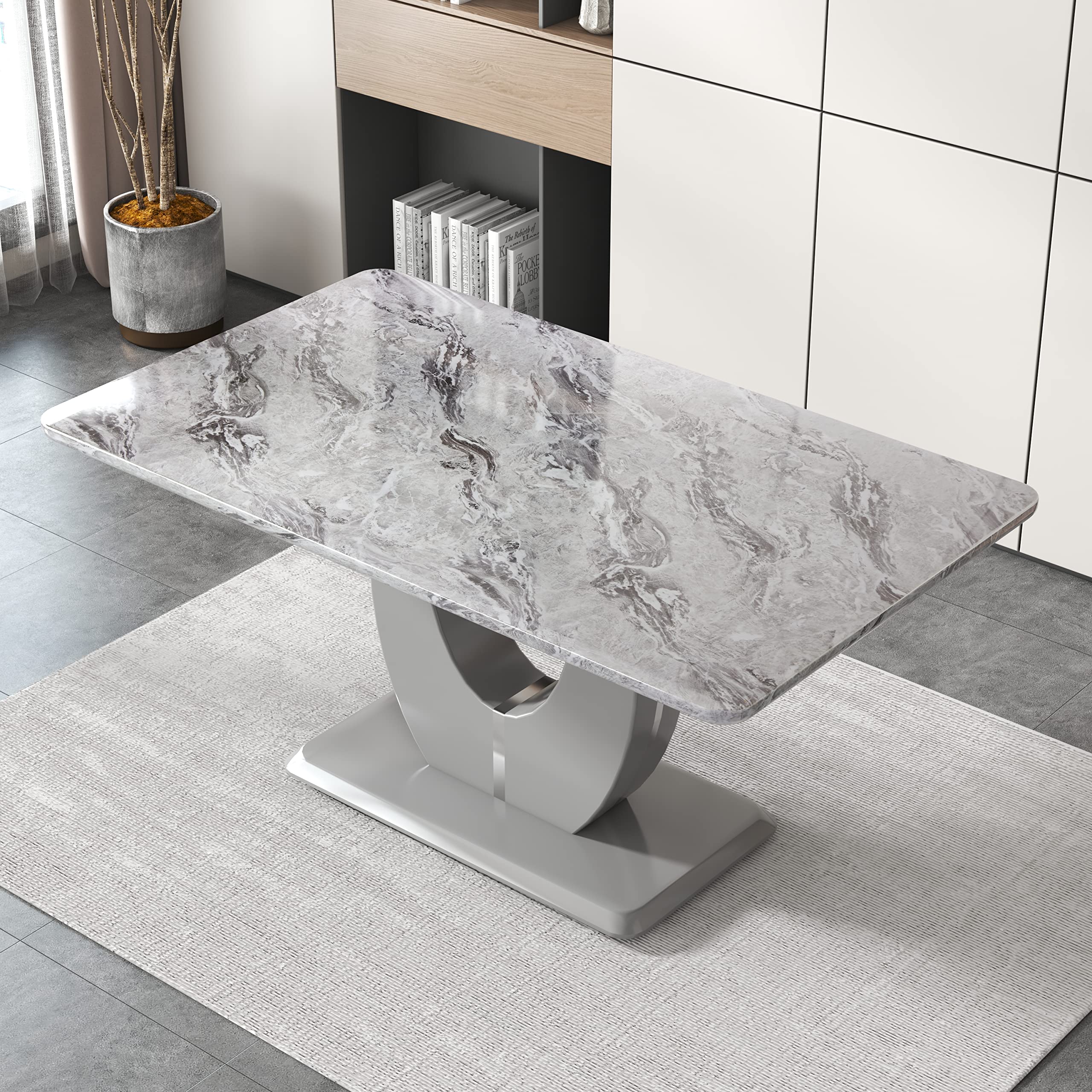 HomVent 7PCS Dining Table Set for 6,63" Dining Table with Imitation Marble Grain Table Top & High Glossy Wooden Bracket,PU Leather Chairs and Kitchen Table