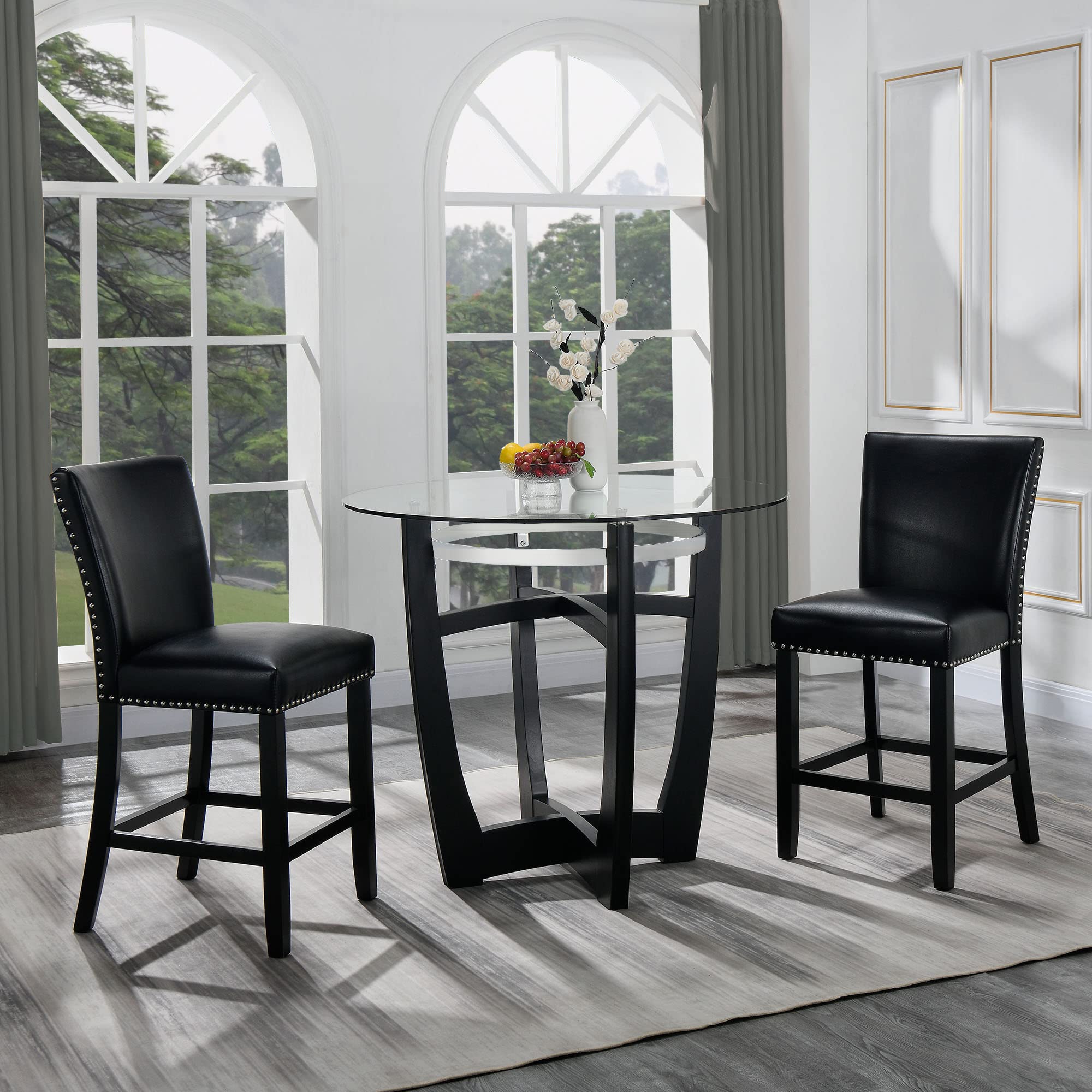 PADMA HOUSE Glass Counter Height Bar Table Stools Set of 4, 42" Round Glasstop Counter Height Table Chairs Set 26" H Barstools Chairs with Upholstered Back for Bar Kitchen Restaurant, Black