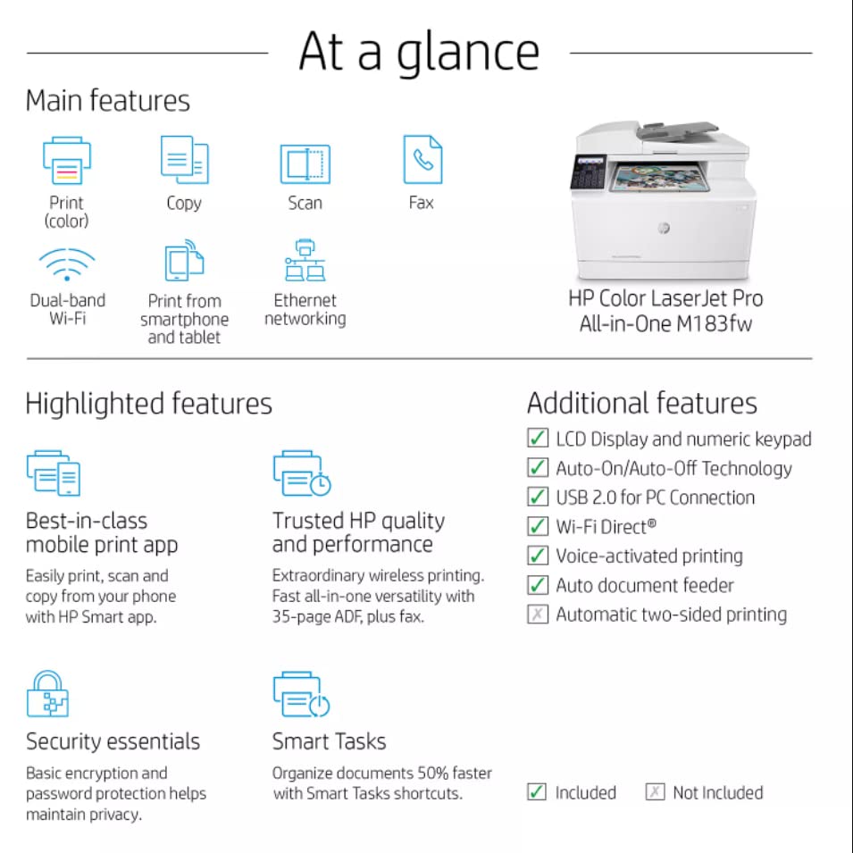 HP Laserjet Pro MFP M183FW All-in-One Wireless Color Laser Printer, Print&Copy&Scan&Fax, 16ppm, 600x600 dpi, Mobile Printing, 2-line Display, 35-Page ADF, Lanbertent Printer Cable