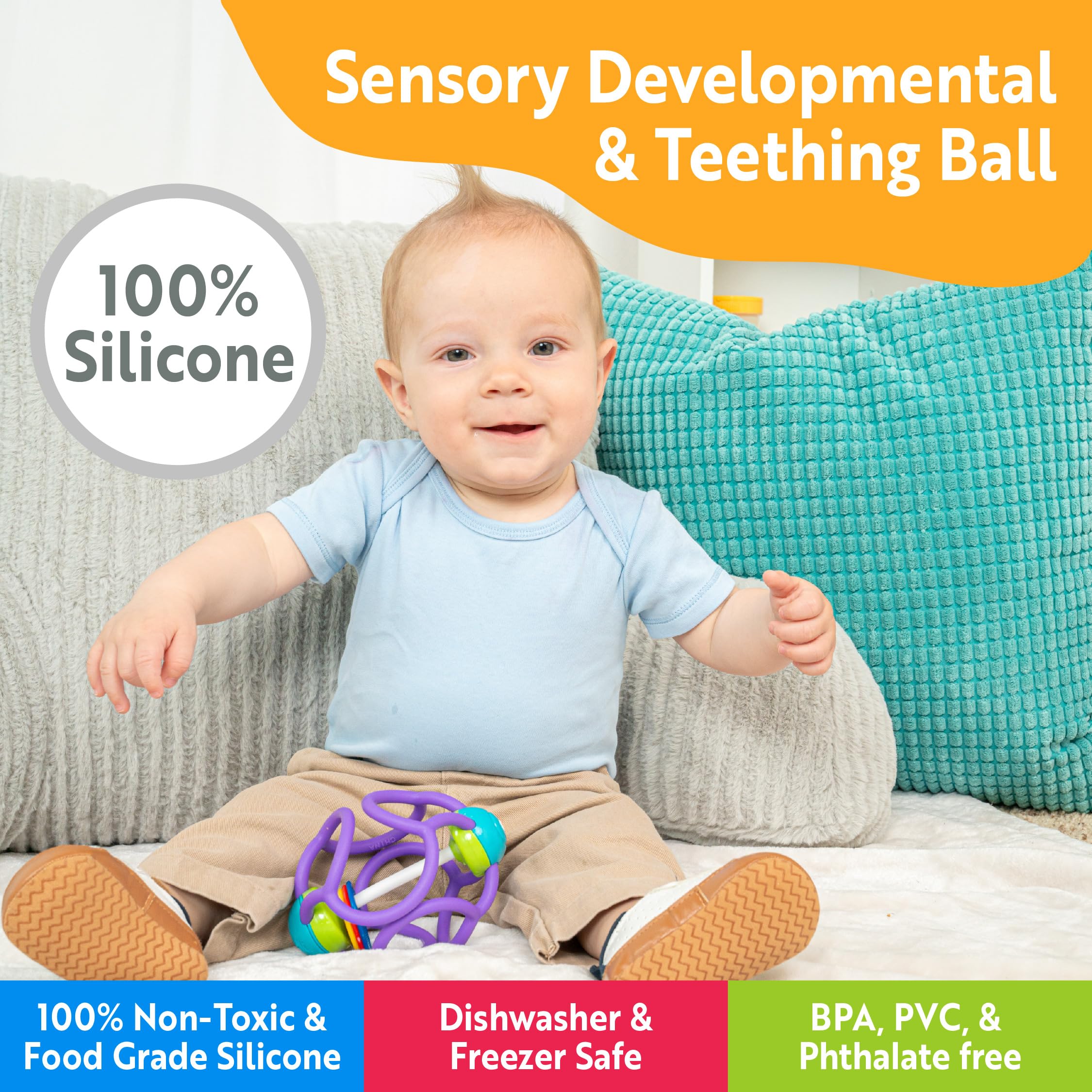 OgoBolli Teether Ring Tactile Sensory Ball and Baby Rattle Toy for Babies & Toddlers - Stretchy, Squishy, Soft, Non-Toxic Silicone - Boys and Girls Age 6+ Months - Purple