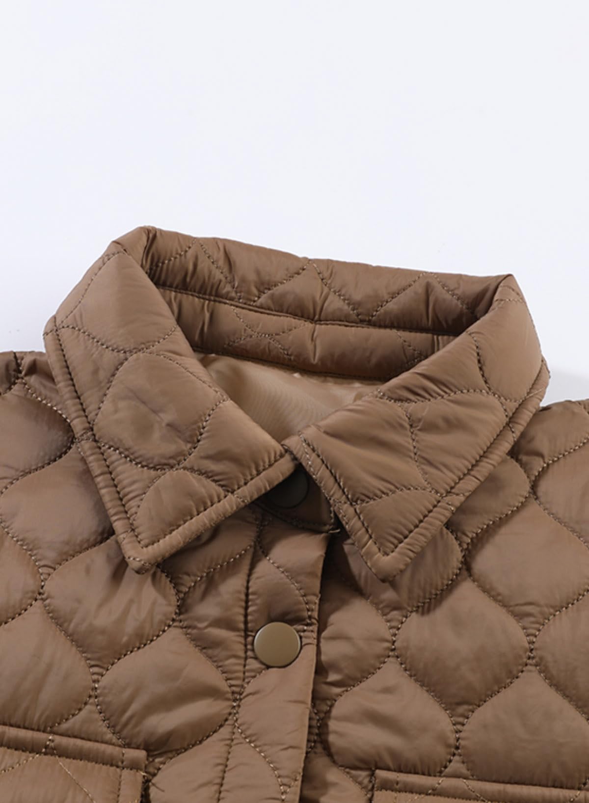 EVALESS Diamond Quilted Jackets for Women Lightweight Collar Long Sleeve Button Down Puffer Jacket Fall 2024 Coat Outerwear with Pockets Brown Medium
