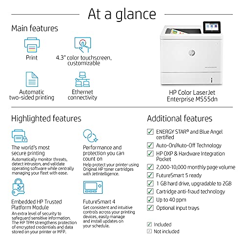 HP Color Laserjet Enterprise M555dn Duplex Printer (7ZU78A) (Renewed)