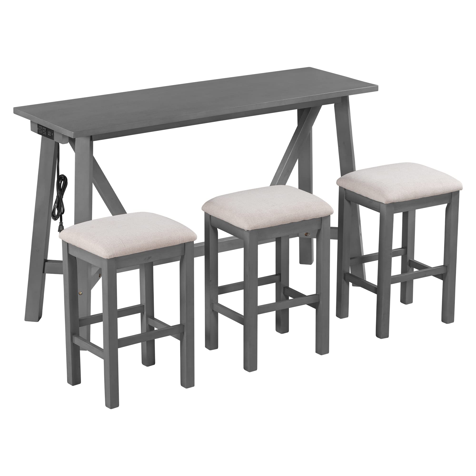 Bellemave Sofa Table with Stools and Outlet Kitchen Bar Height Table and Chairs Console Table with 3 Upholstered Stools 4 Piece High Top Long Dining Table Set, Gray