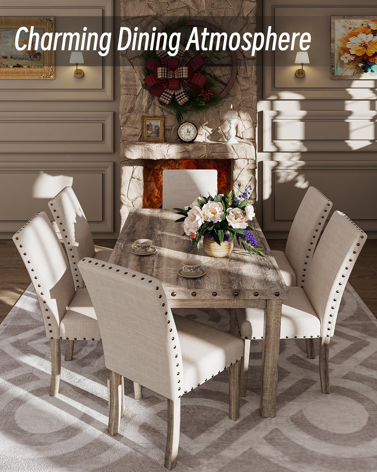 Morden Fort 7 Piece Rustic Wooden Dining Set, Mid-Century Modern Table & Chair Set for Spacious Dining Rooms and Entertaining Guests