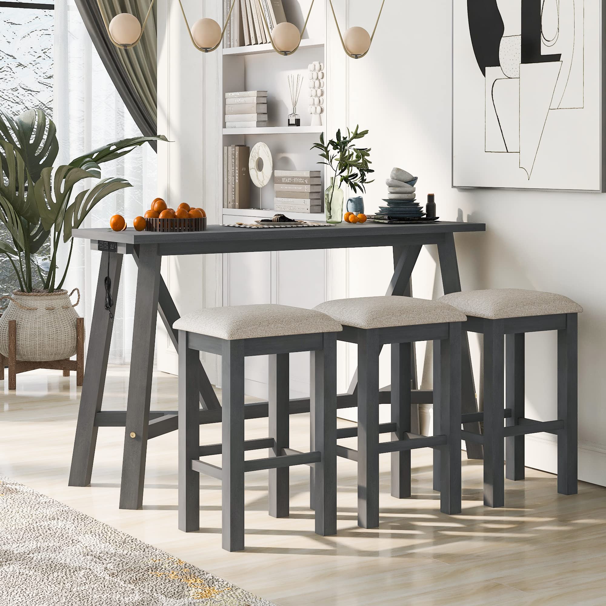 Bellemave Sofa Table with Stools and Outlet Kitchen Bar Height Table and Chairs Console Table with 3 Upholstered Stools 4 Piece High Top Long Dining Table Set, Gray