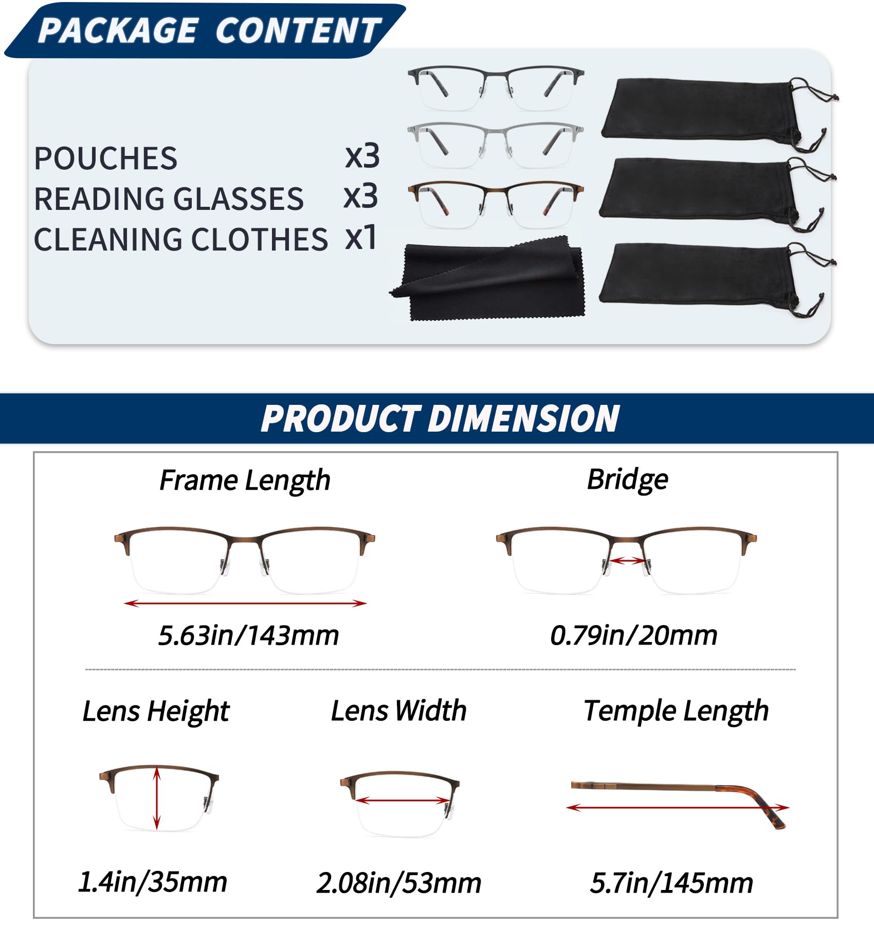 JJWELL 3 Pack Bifocal Reading Glasses for Men Blue Light Blocking, Anti Eyestrain/ Dryness/ UV Spring Hinge Bifocal Readers for Men with Pouches, Half Metal Eyeglasses (1.75)