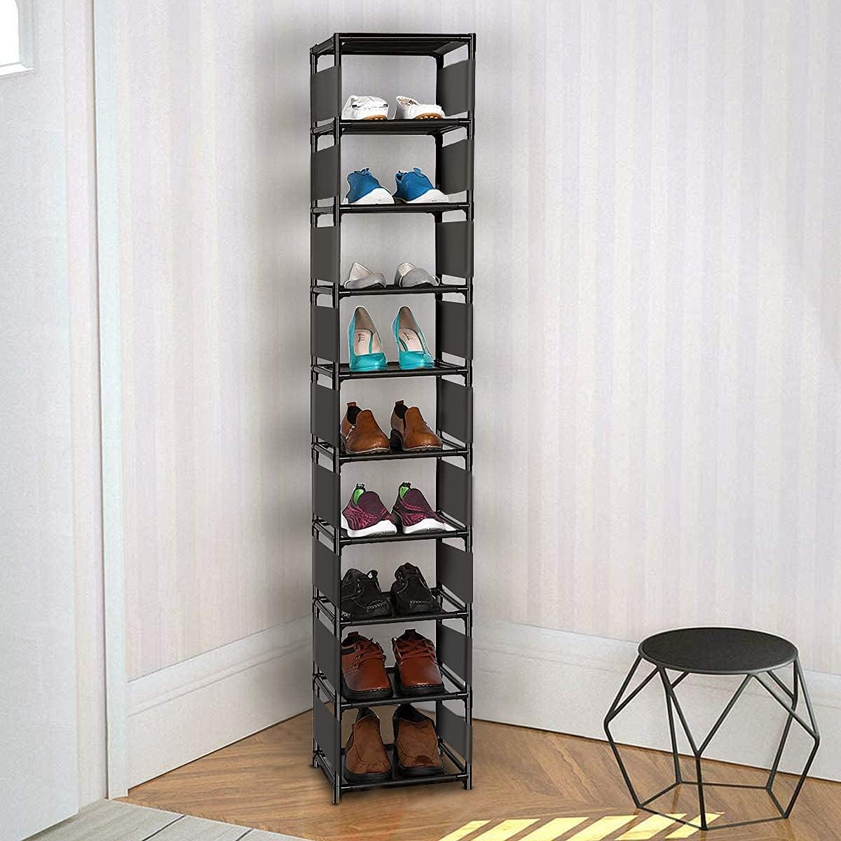 barsone 10 Tier Shoe Rack, Shoe Organizer Storage Shelf Stand Tower Stackable Shoe Rack, Space Saving Shoe Shelves for Closet Entryway Hallway Apartment Garage(Black)