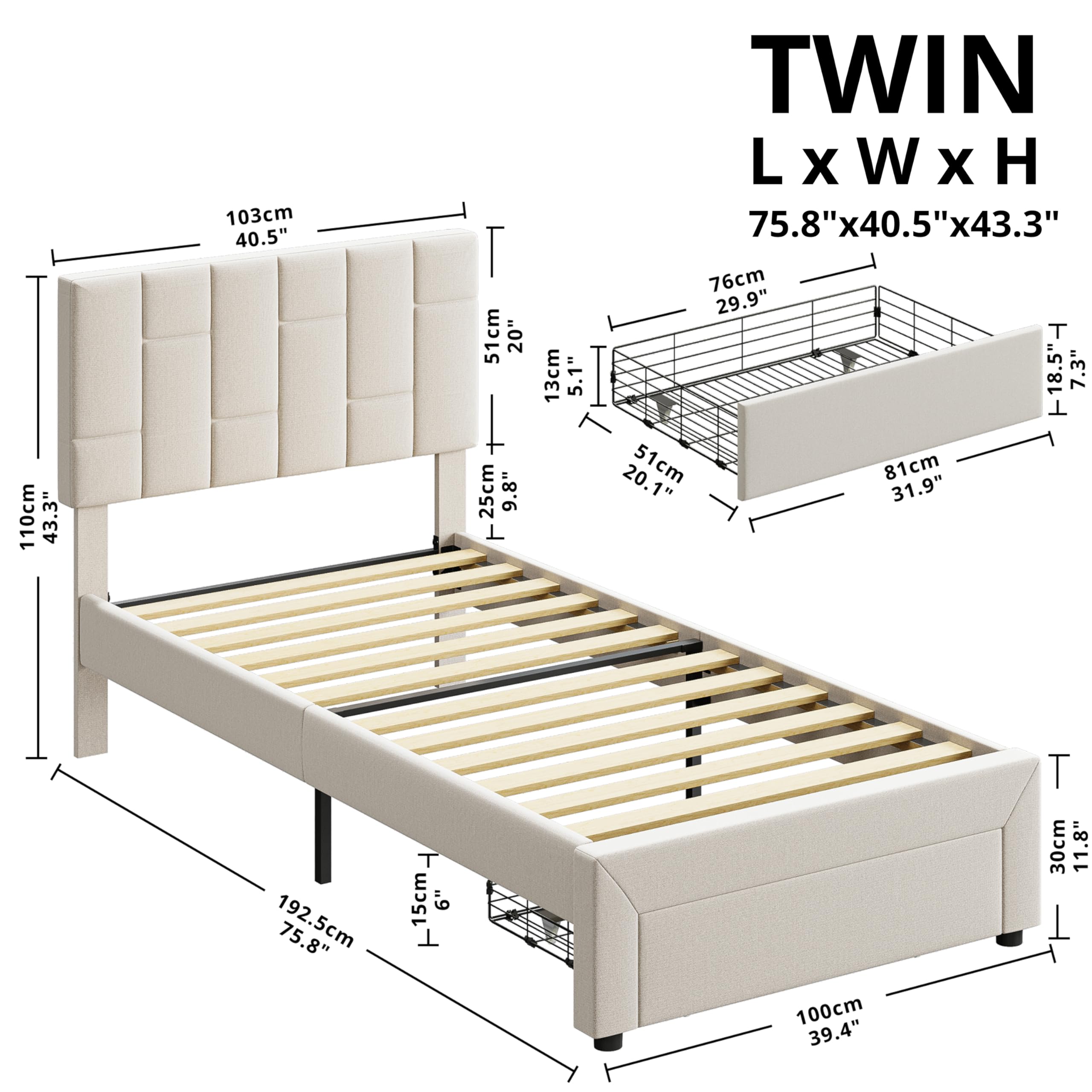 LIKIMIO Twin Bed Frame with Under-Bed Drawer, Platform Upholstered Bed with Headboard, No Box Spring Needed/Noise-Free, Beige