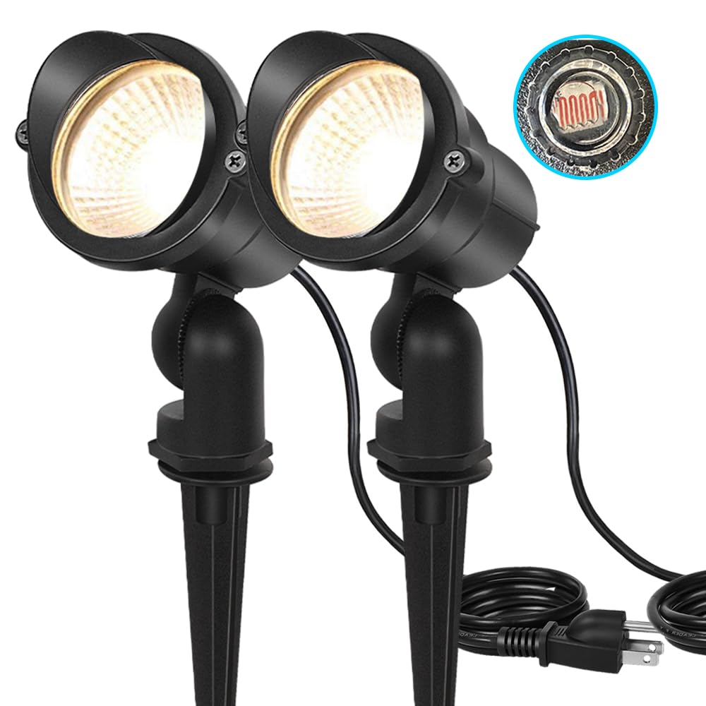 20W Dusk to Dawn Outdoor LED Spotlight Plug in with Photocell Sensor for House Flag Yard Tree Garden, 3000K 1000lm Warm White 120V Landscape Lighting with Stake IP66 Waterproof 5.9ft Cord, 2 Pack