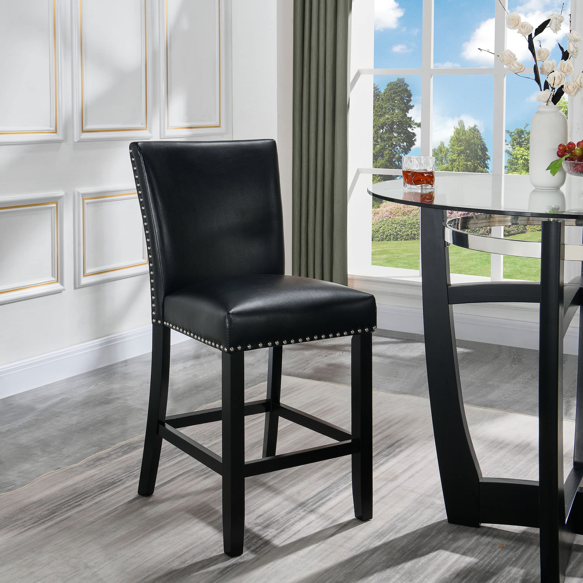 PADMA HOUSE Glass Counter Height Bar Table Stools Set of 4, 42" Round Glasstop Counter Height Table Chairs Set 26" H Barstools Chairs with Upholstered Back for Bar Kitchen Restaurant, Black