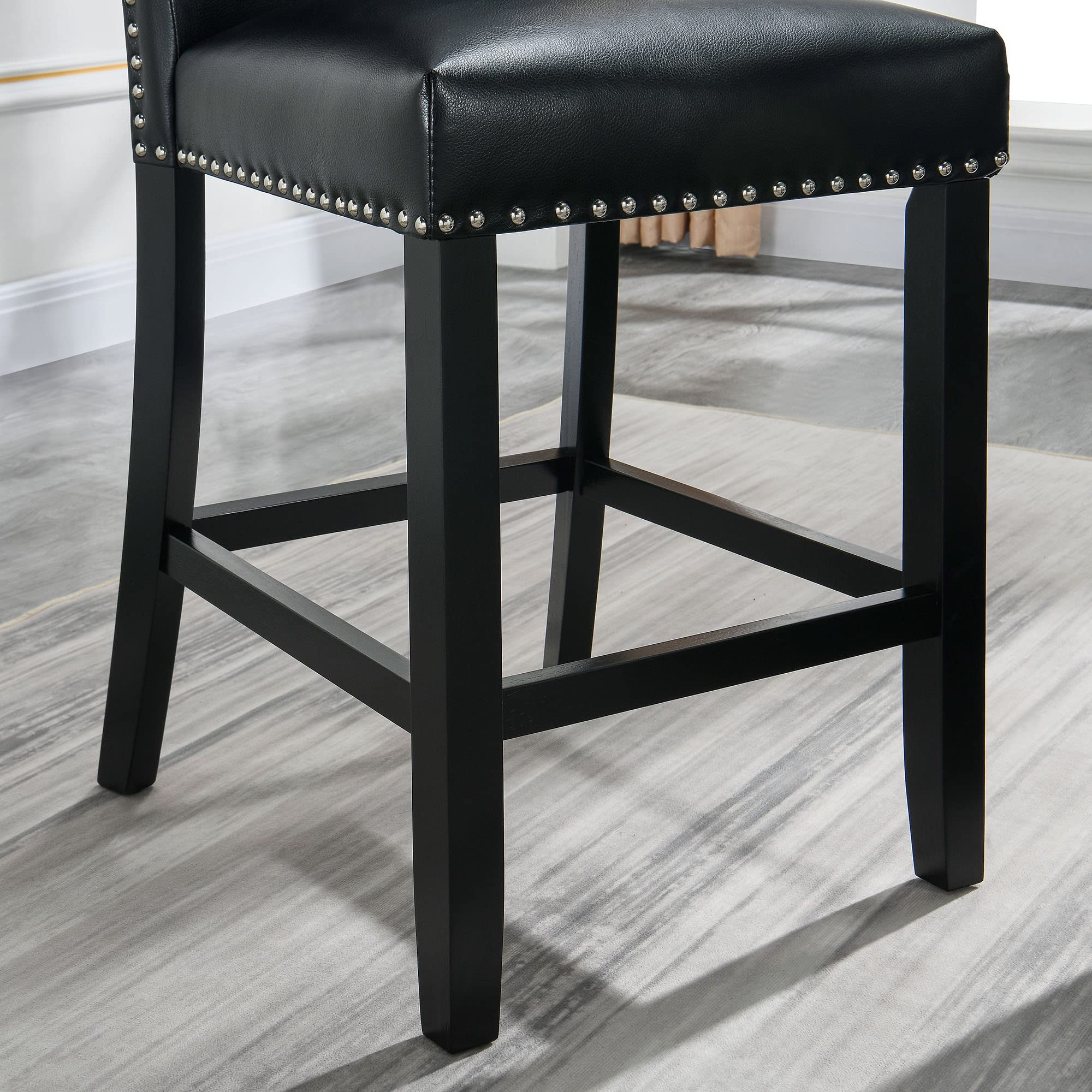 PADMA HOUSE Glass Counter Height Bar Table Stools Set of 4, 42" Round Glasstop Counter Height Table Chairs Set 26" H Barstools Chairs with Upholstered Back for Bar Kitchen Restaurant, Black