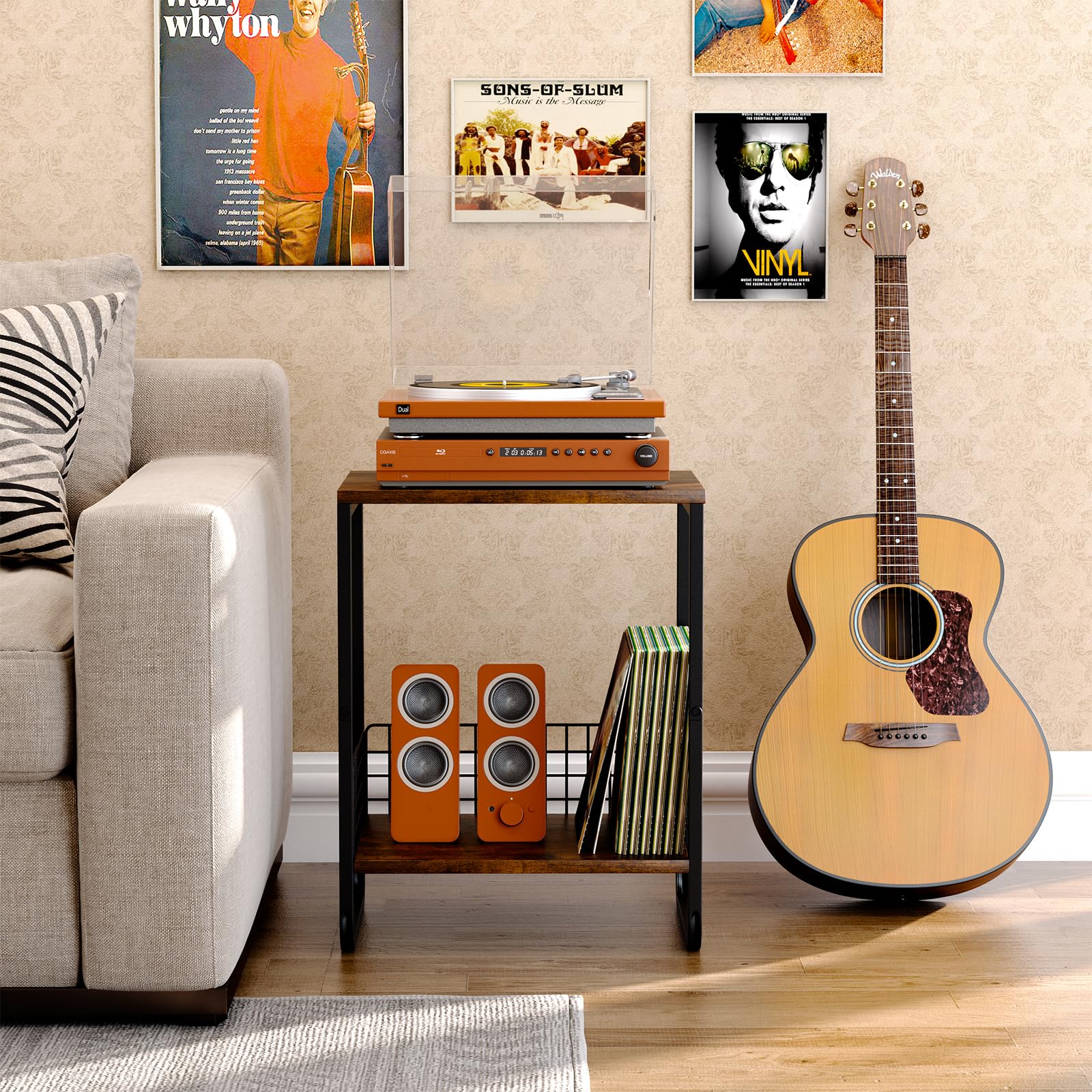 Emfogo Record Player Stand, 2 Tier Record Player Table Turntable Stand with Vinyl Record Album Storage, Retro Nightstand Small End Table for Living Room Bedroom Office(Rustic Brown)