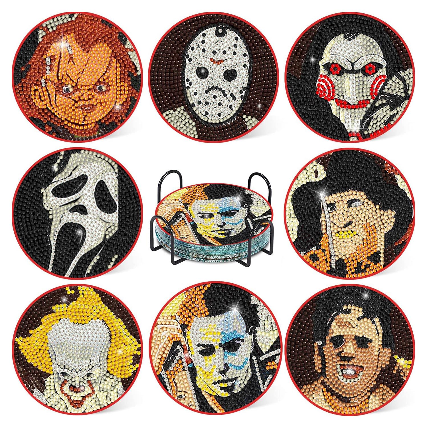 HESZYQ Diamond Paintings Coasters Kits with Holder,8 Pcs DIY Halloween Diamond Art Coaster,Full Drill Rhinestone Painting Kits for Adults & Kids,Beginners Art Craft Supplie