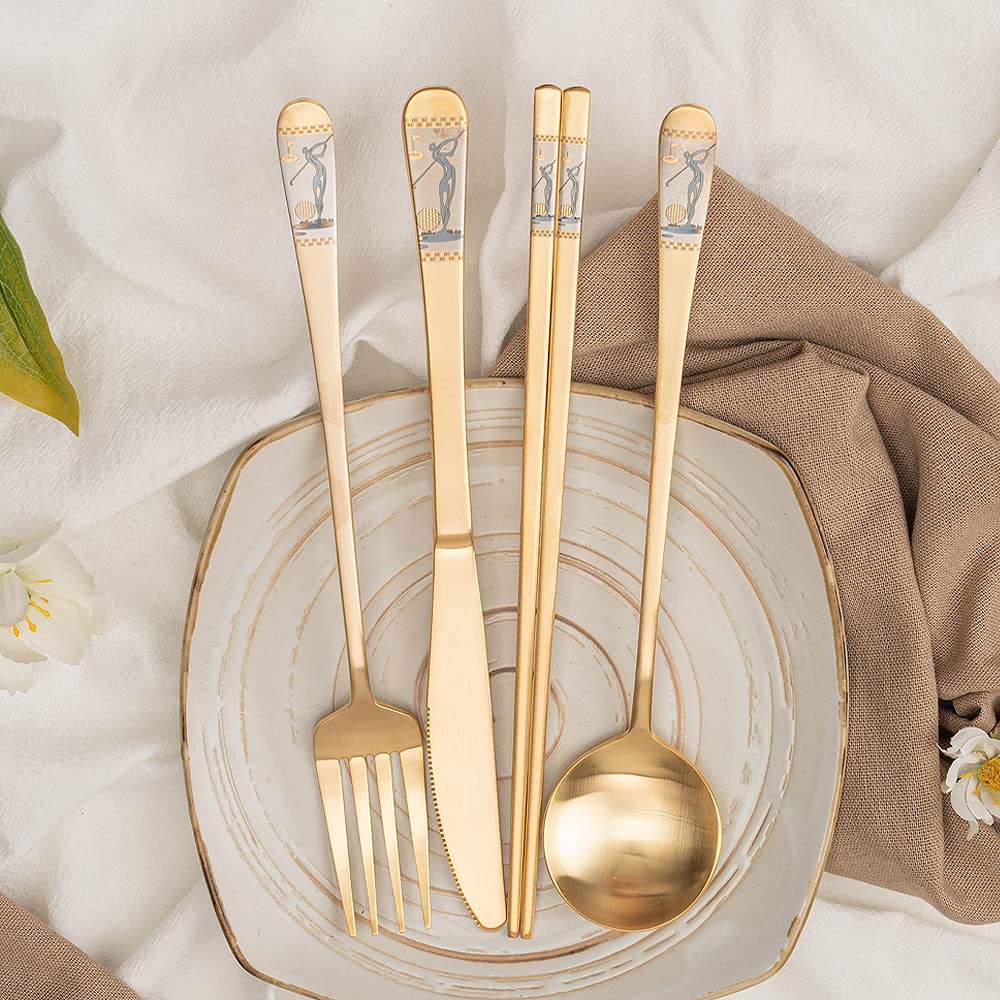 ROAEXPO Oseobang Class 4Kinds 1Person Stainless 24k Gold plating Steel Flatware Set Home Kitchen Utensils Set Dishwasher Safe Made in Korea Cutlery (8.Golf)