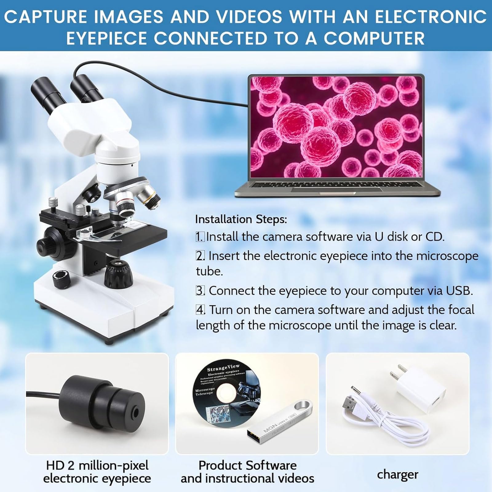 Crspexil Compound Binocular Microscopes 40X-2000X with 2.0 mp Camera, with Microscope Prepared Slides 30p,for Kids Students Adults,Microscope Accessories, Phone Adapter