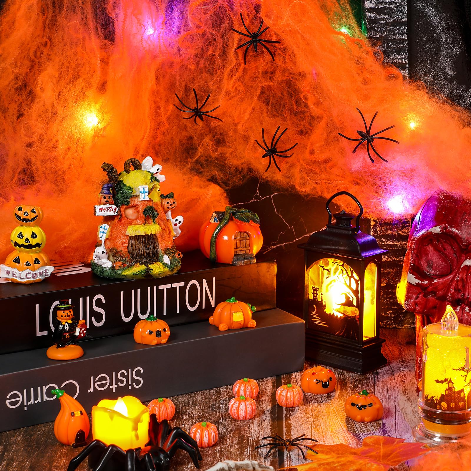 Barydat 18 Pcs Halloween Village Accessories Set Halloween Miniature Figurines Decoration Ornaments Pumpkin House Pumpkin Statues LED Pumpkin Spiderweb Halloween Crafts DIY Garden Table Decor