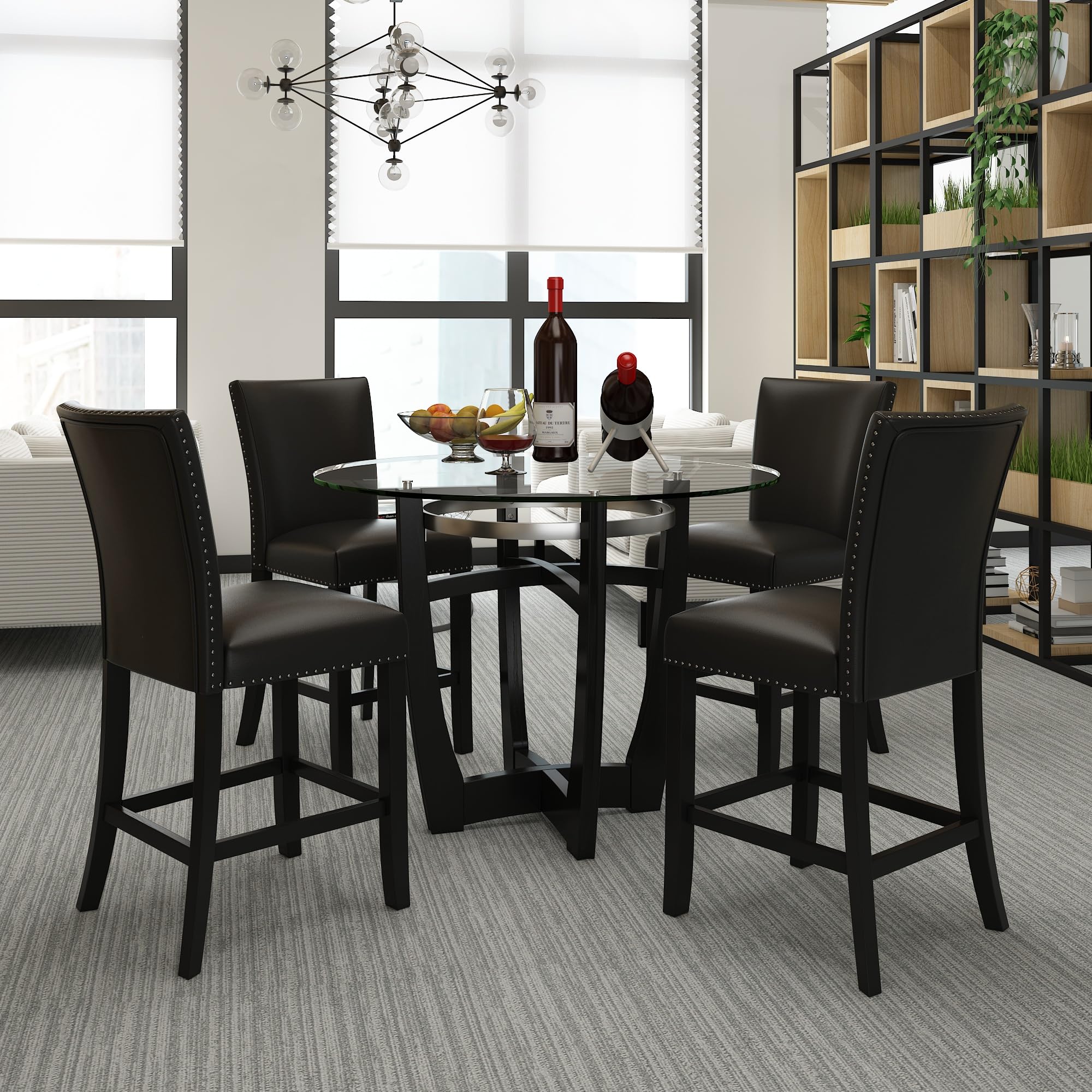 PADMA HOUSE Glass Counter Height Bar Table Stools Set of 4, 42" Round Glasstop Counter Height Table Chairs Set 26" H Barstools Chairs with Upholstered Back for Bar Kitchen Restaurant, Black