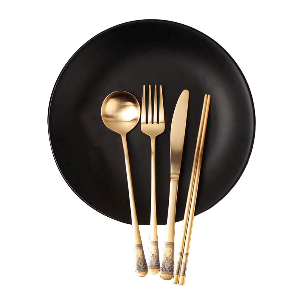 ROAEXPO Oseobang Class 4Kinds 1Person Stainless 24k Gold plating Steel Flatware Set Home Kitchen Utensils Set Dishwasher Safe Made in Korea Cutlery (8.Golf)