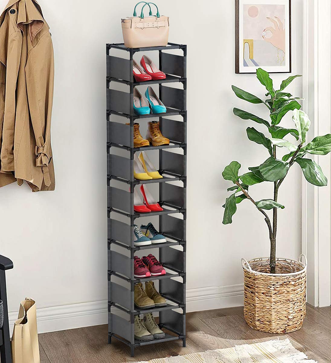 barsone 10 Tier Shoe Rack, Shoe Organizer Storage Shelf Stand Tower Stackable Shoe Rack, Space Saving Shoe Shelves for Closet Entryway Hallway Apartment Garage(Black)