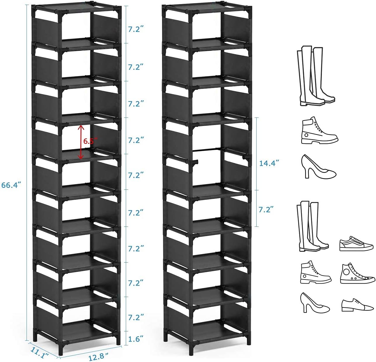 barsone 10 Tier Shoe Rack, Shoe Organizer Storage Shelf Stand Tower Stackable Shoe Rack, Space Saving Shoe Shelves for Closet Entryway Hallway Apartment Garage(Black)