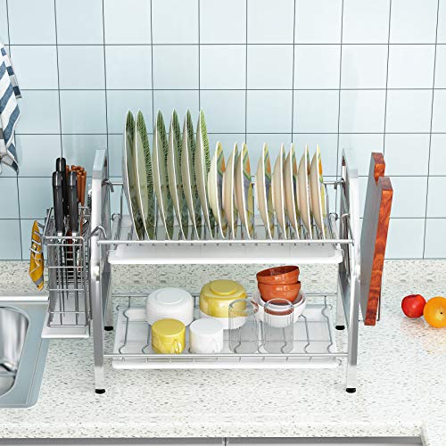 1Easylife Dish Drying Rack, 2 Tier Dish Rack Stainless Steel with Utensil Knife Holder and Cutting Board Holder Dish Drainer with Removable Drain Board for Kitchen Counter Organizer Storage (Silver)
