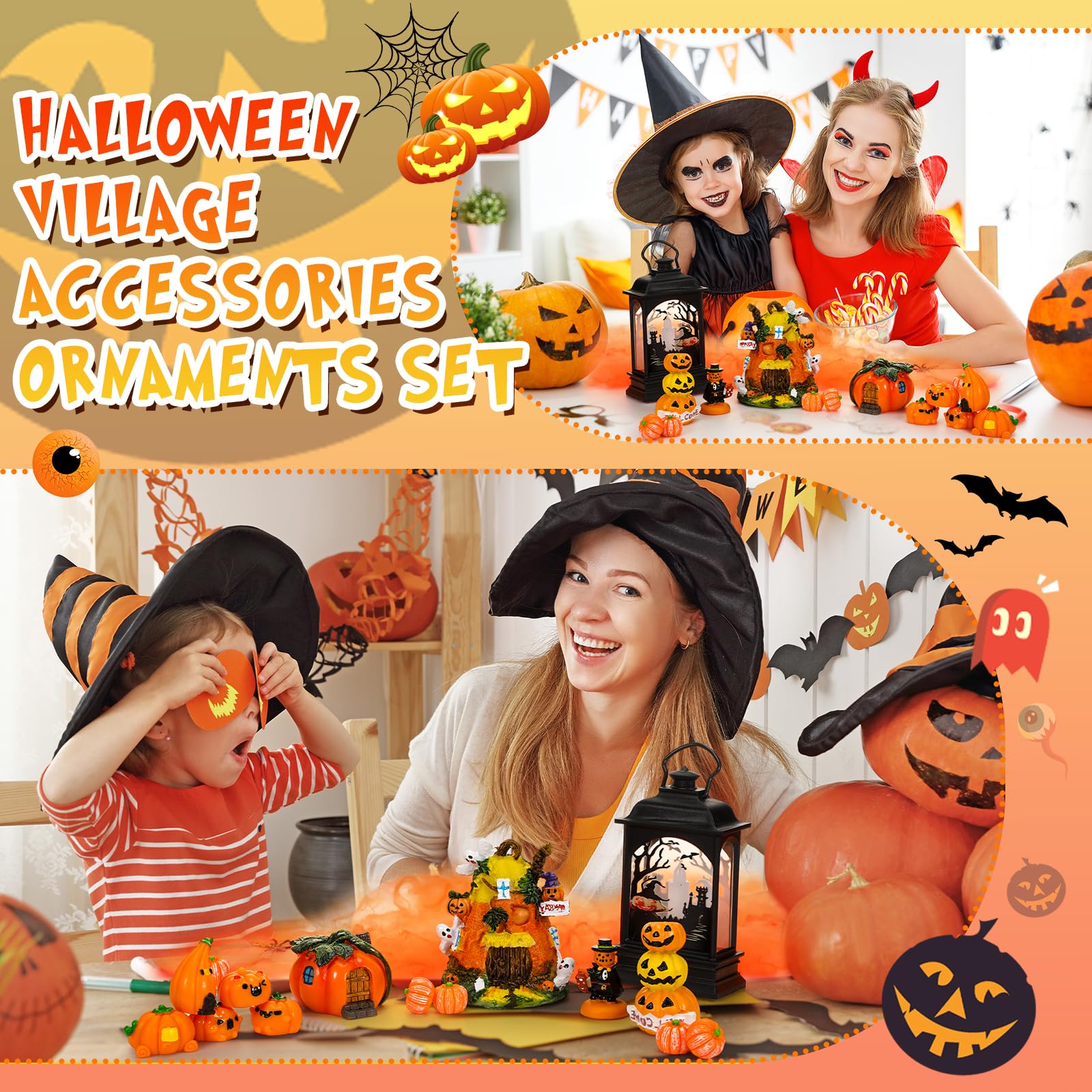 Barydat 18 Pcs Halloween Village Accessories Set Halloween Miniature Figurines Decoration Ornaments Pumpkin House Pumpkin Statues LED Pumpkin Spiderweb Halloween Crafts DIY Garden Table Decor
