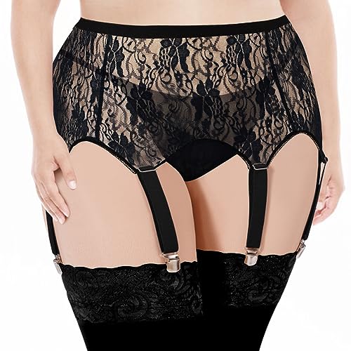 Garter Belt Plus Size High Waist Garter Belts with 6 Vintage Metal Clips for Stockings Women Lingerie (Black Lace, 4XL/5XL)
