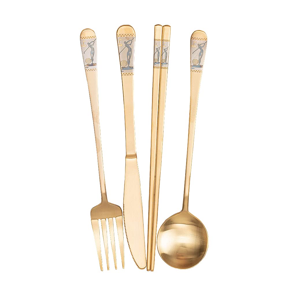 ROAEXPO Oseobang Class 4Kinds 1Person Stainless 24k Gold plating Steel Flatware Set Home Kitchen Utensils Set Dishwasher Safe Made in Korea Cutlery (8.Golf)