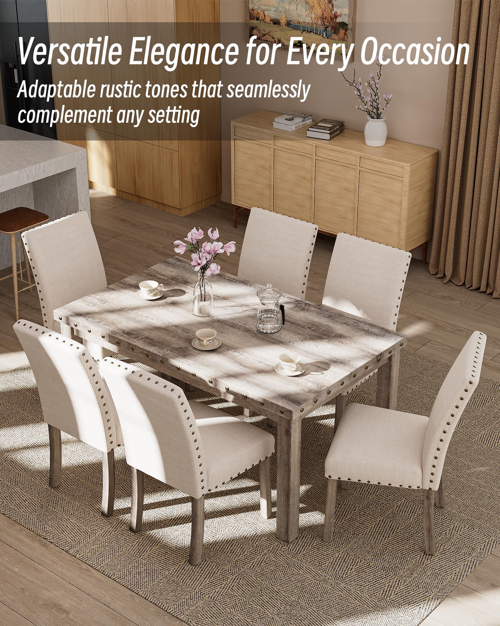 Morden Fort 7 Piece Rustic Wooden Dining Set, Mid-Century Modern Table & Chair Set for Spacious Dining Rooms and Entertaining Guests